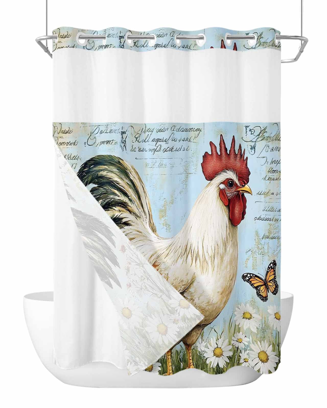 No Hook Shower Curtains with Snap in Liner, White Spring Floral Rooster ...
