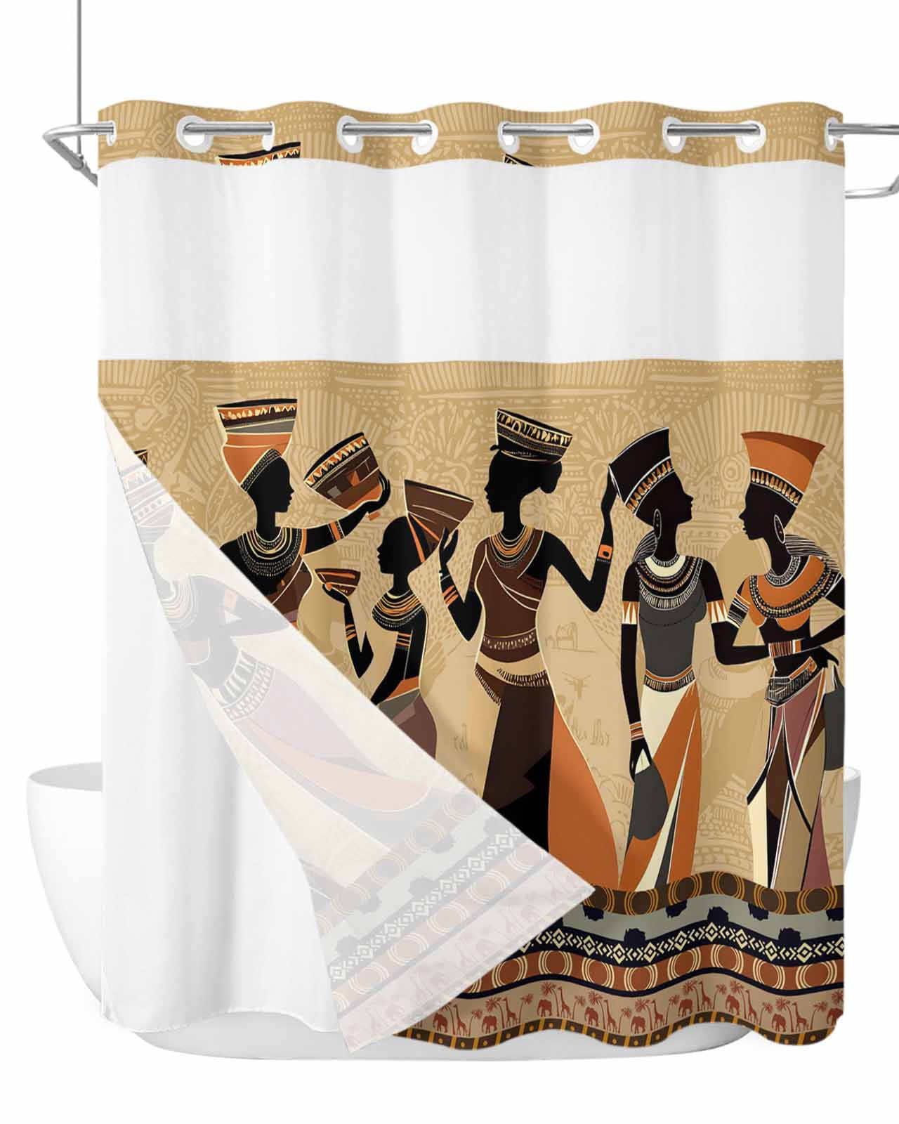 No Hook Shower Curtains with Snap-in Liner Set, African Women ...