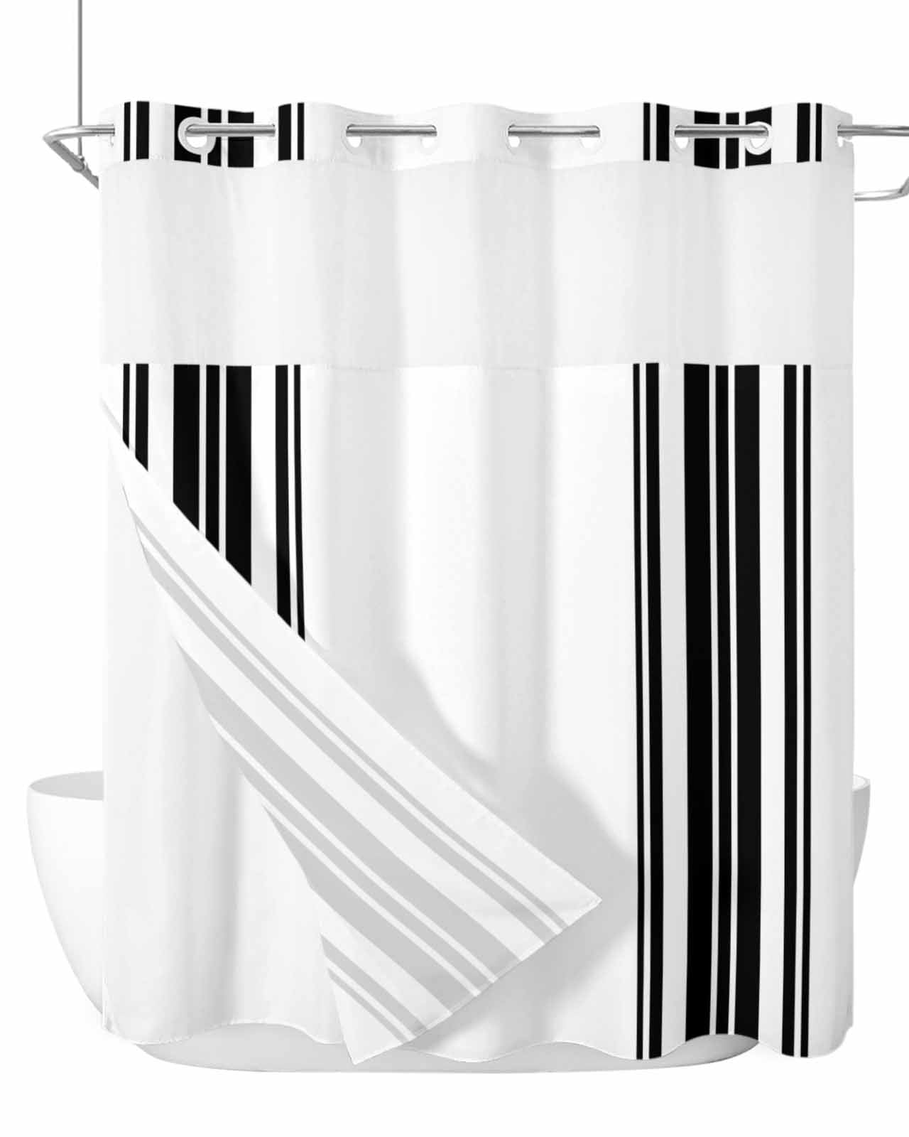 No Hook Shower Curtains with Snap-in Liner Set, Black Striped ...