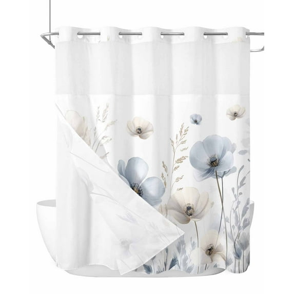 No Hook Shower Curtains with Snap-in Liner Set, Blue Beige Spring ...
