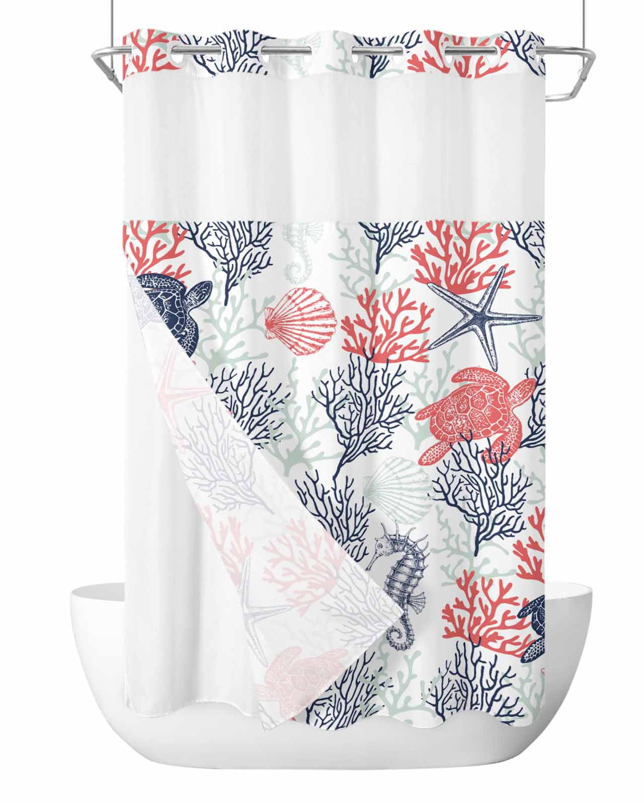 No Hook Shower Curtains with Snap-in Liner Set, Blue Red Coastal ...
