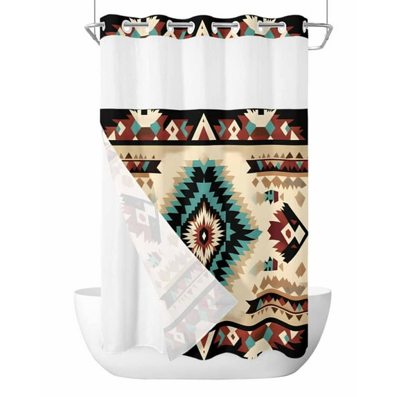 No Hook Shower Curtains with Snap-in Liner Set, Boho Brown Teal Red ...