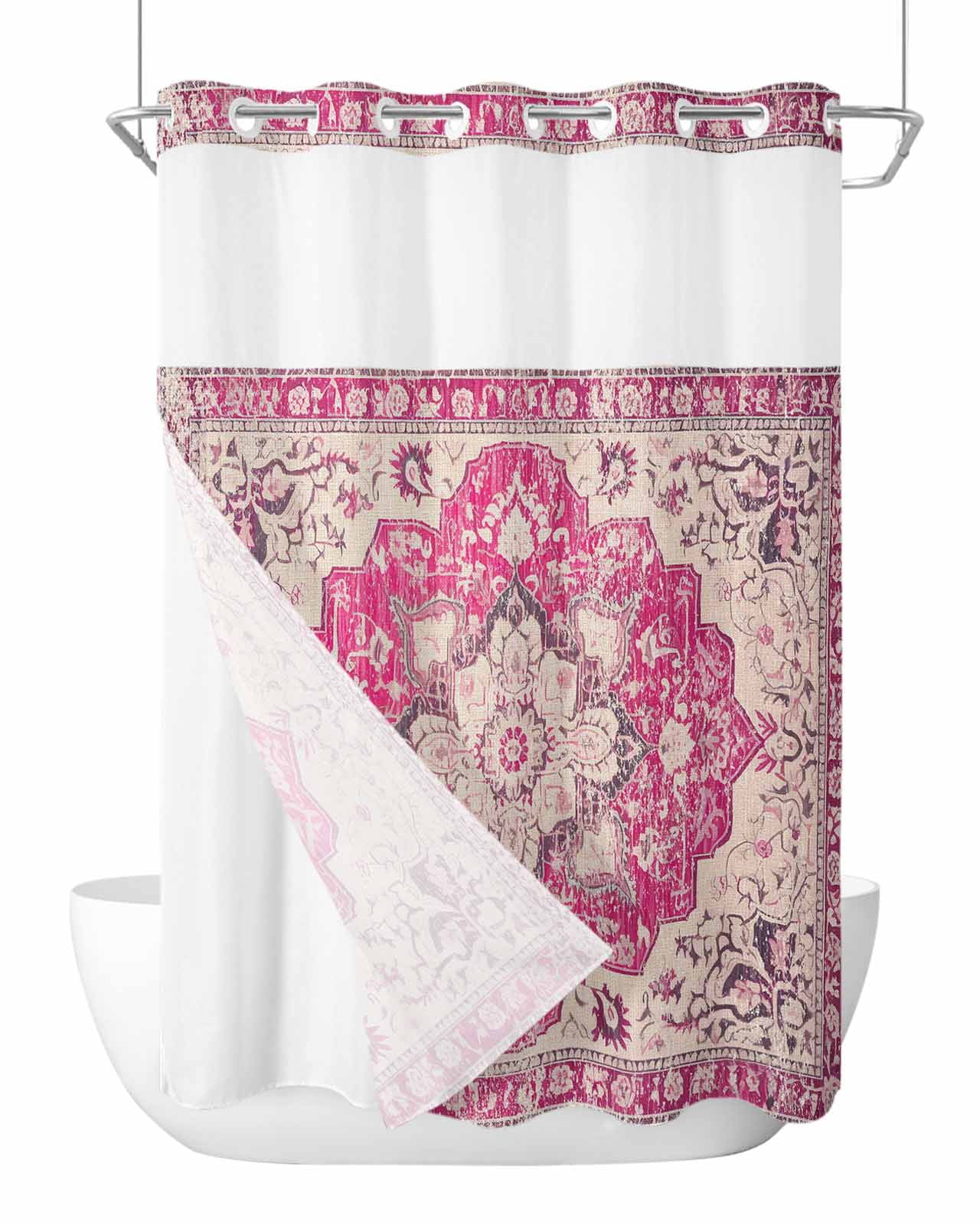 No Hook Shower Curtains with Snap-in Liner Set, Boho Pink Waterproof ...