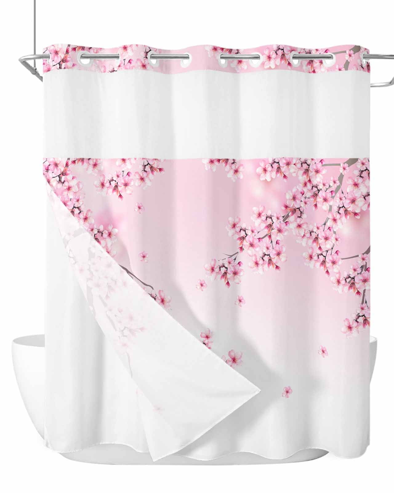 No Hook Shower Curtains with Snap-in Liner Set, Cherry Blossom ...