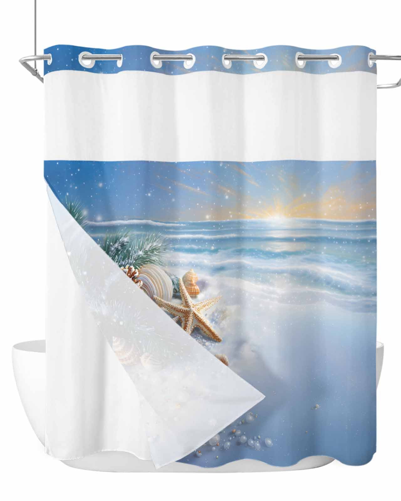 No Hook Shower Curtains with Snap-in Liner Set, Christmas Beach ...