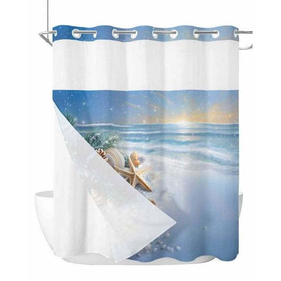 No Hook Shower Curtains with Snap-in Liner Set, Christmas Beach ...