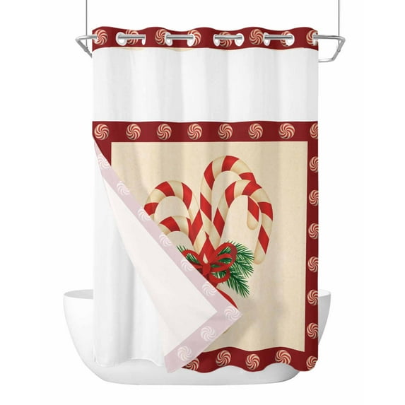 No Hook Shower Curtains with Snap-in Liner Set, Christmas Candy Cane ...