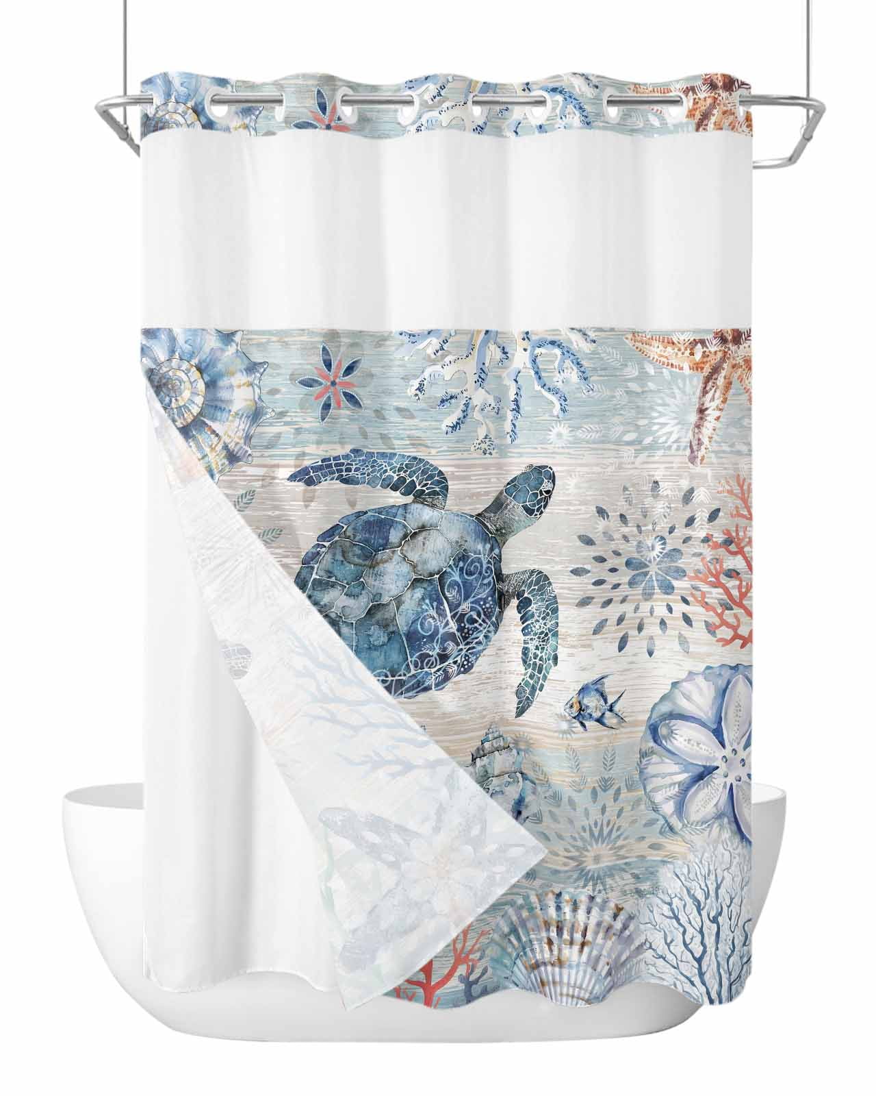 No Hook Shower Curtains with Snap-in Liner Set, Coastal Turtle ...