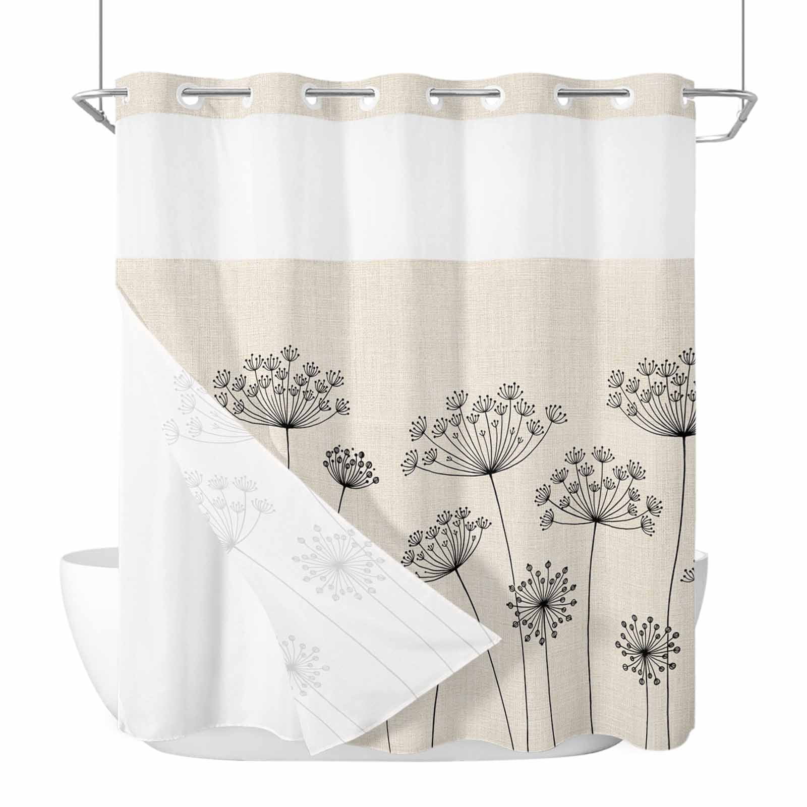No Hook Shower Curtains with Snap-in Liner Set, Farmhouse Dandelion ...