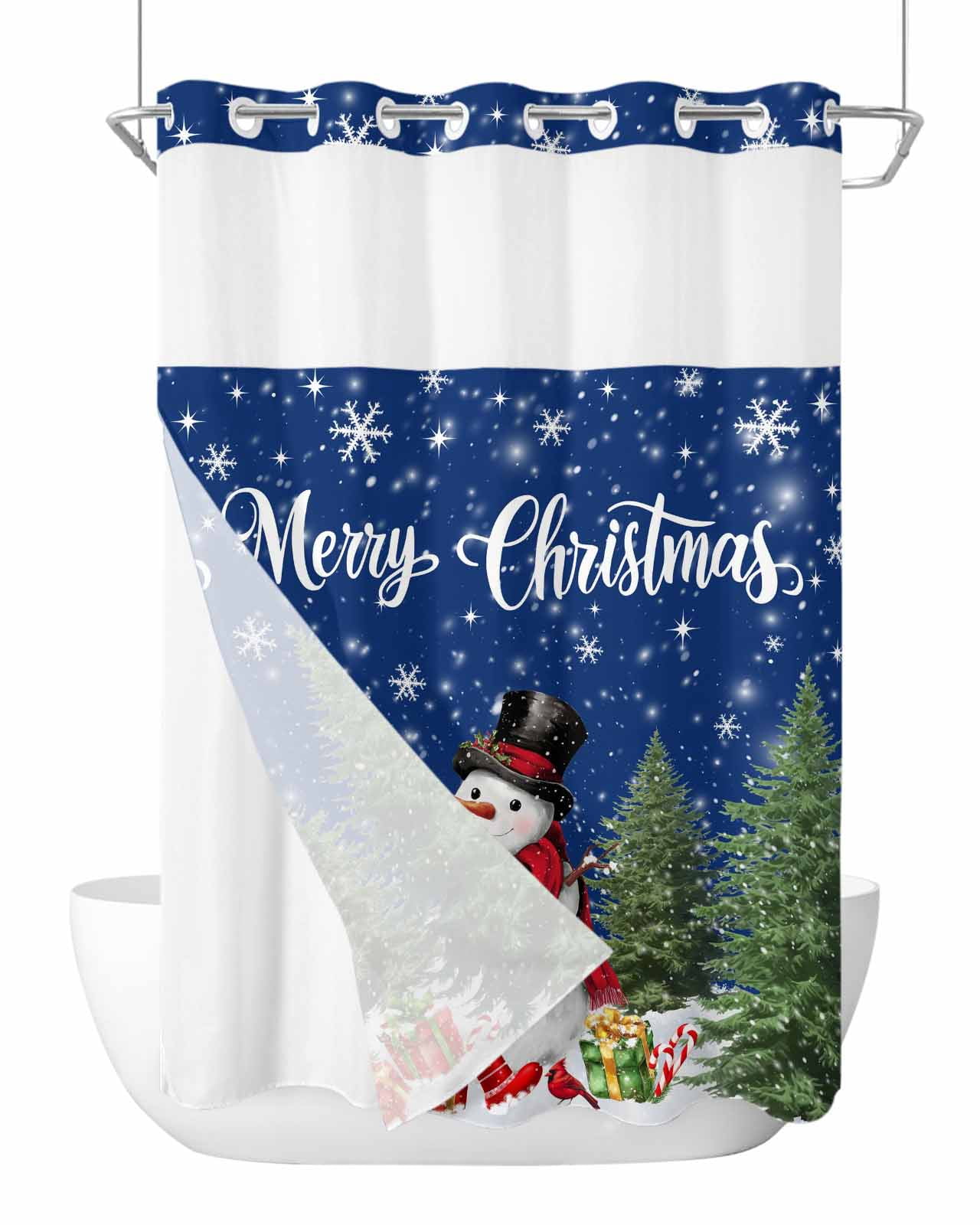 No Hook Shower Curtains with Snap-in Liner Set, Navy Blue Christmas ...