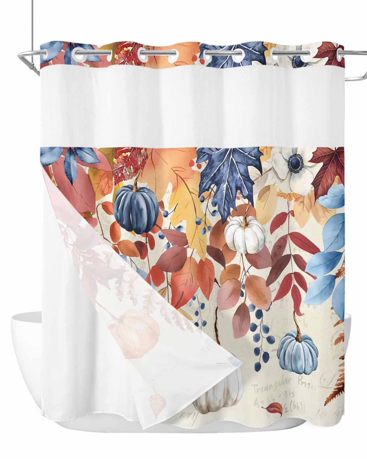 No Hook Shower Curtains with Snap-in Liner Set, Orange Blue Leaves Fall ...