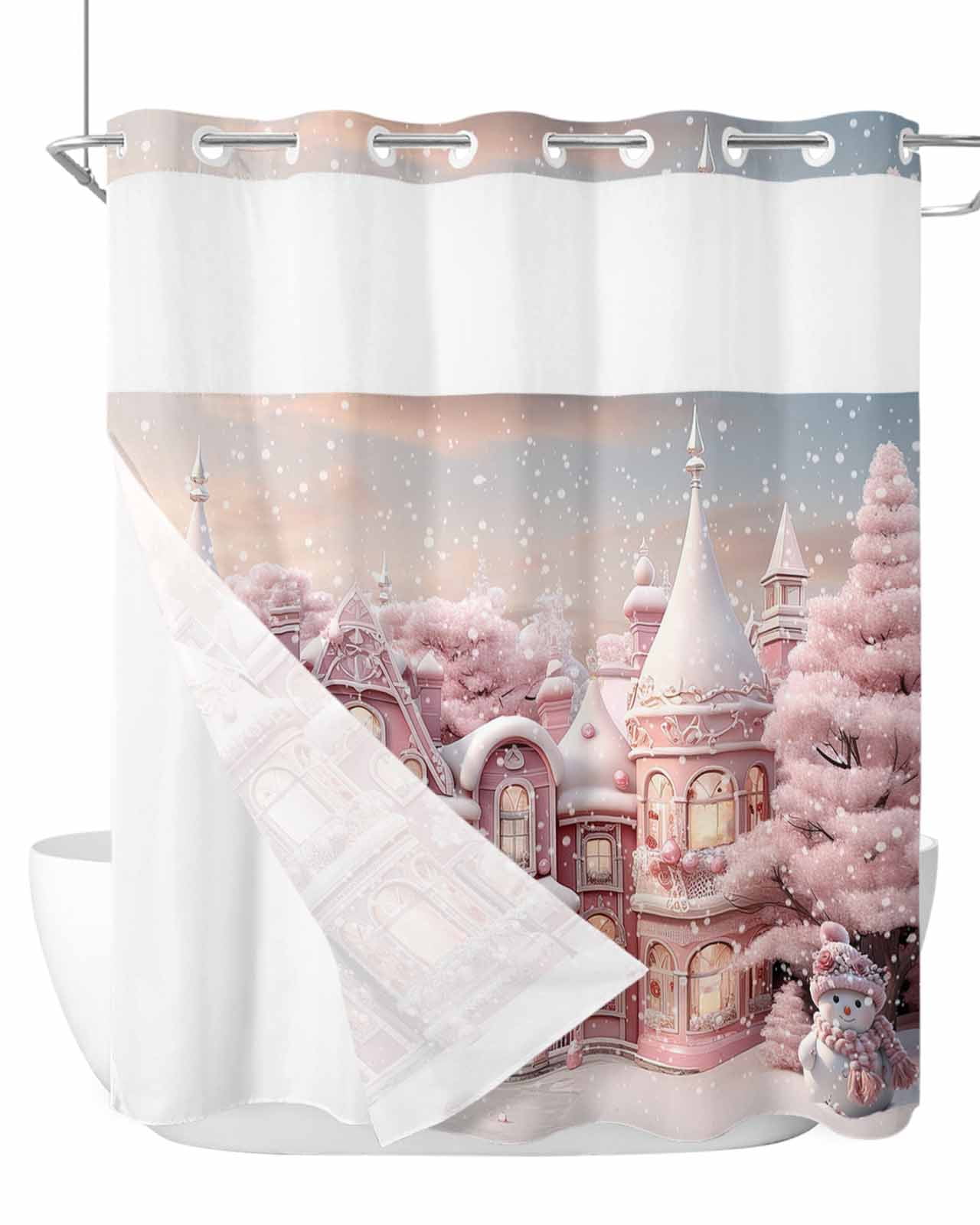 No Hook Shower Curtains with Snap-in Liner Set, Pink Christmas ...