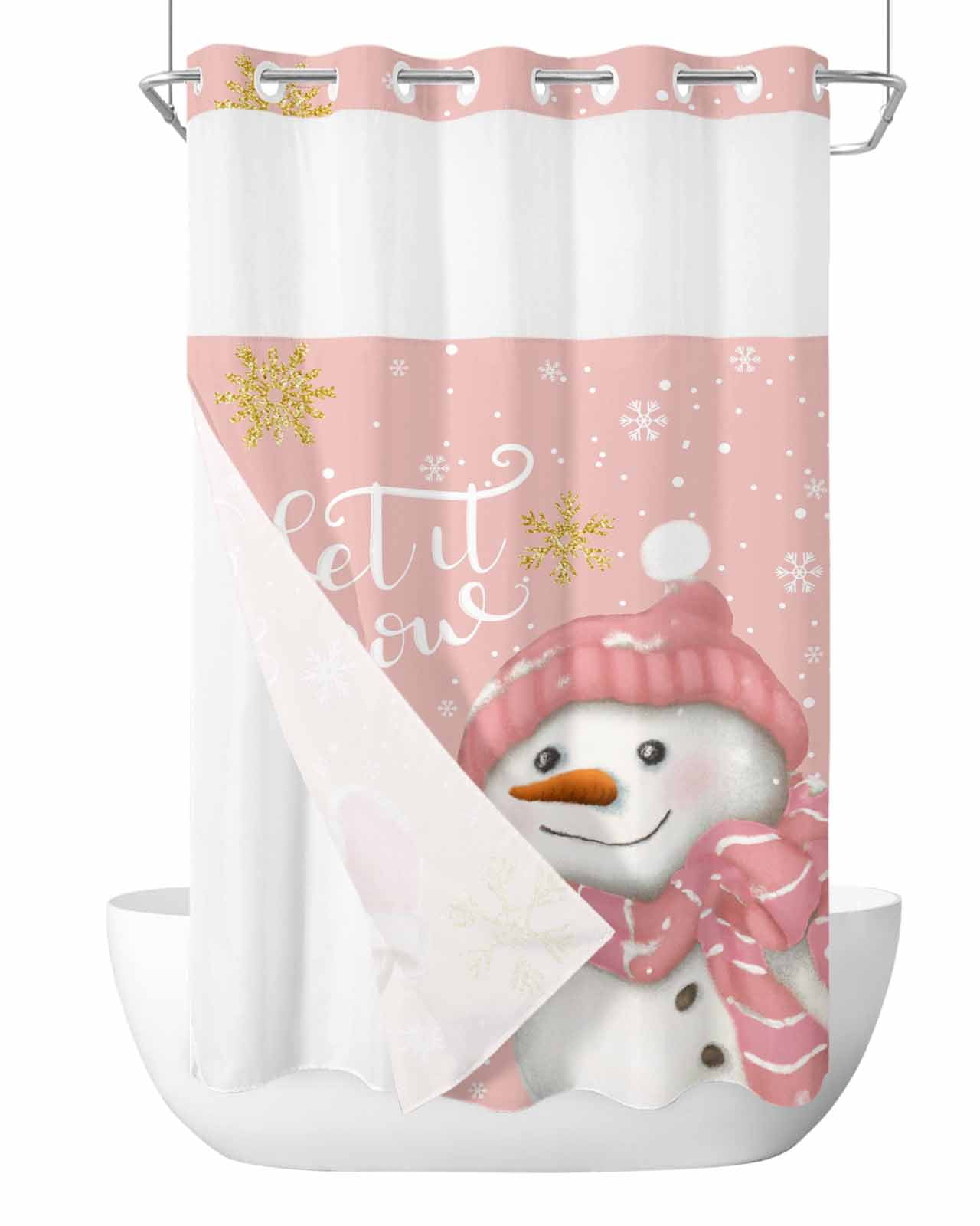 No Hook Shower Curtains with Snap-in Liner Set, Pink Snowman Christmas ...