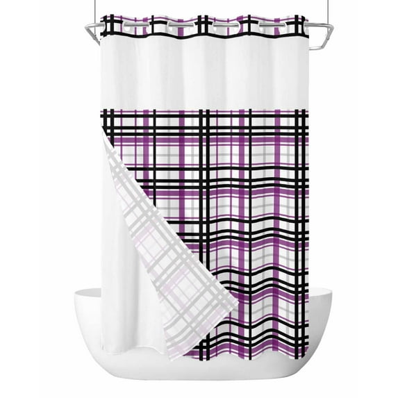 No Hook Shower Curtains with Snap-in Liner Set, Purple Black Plaid ...