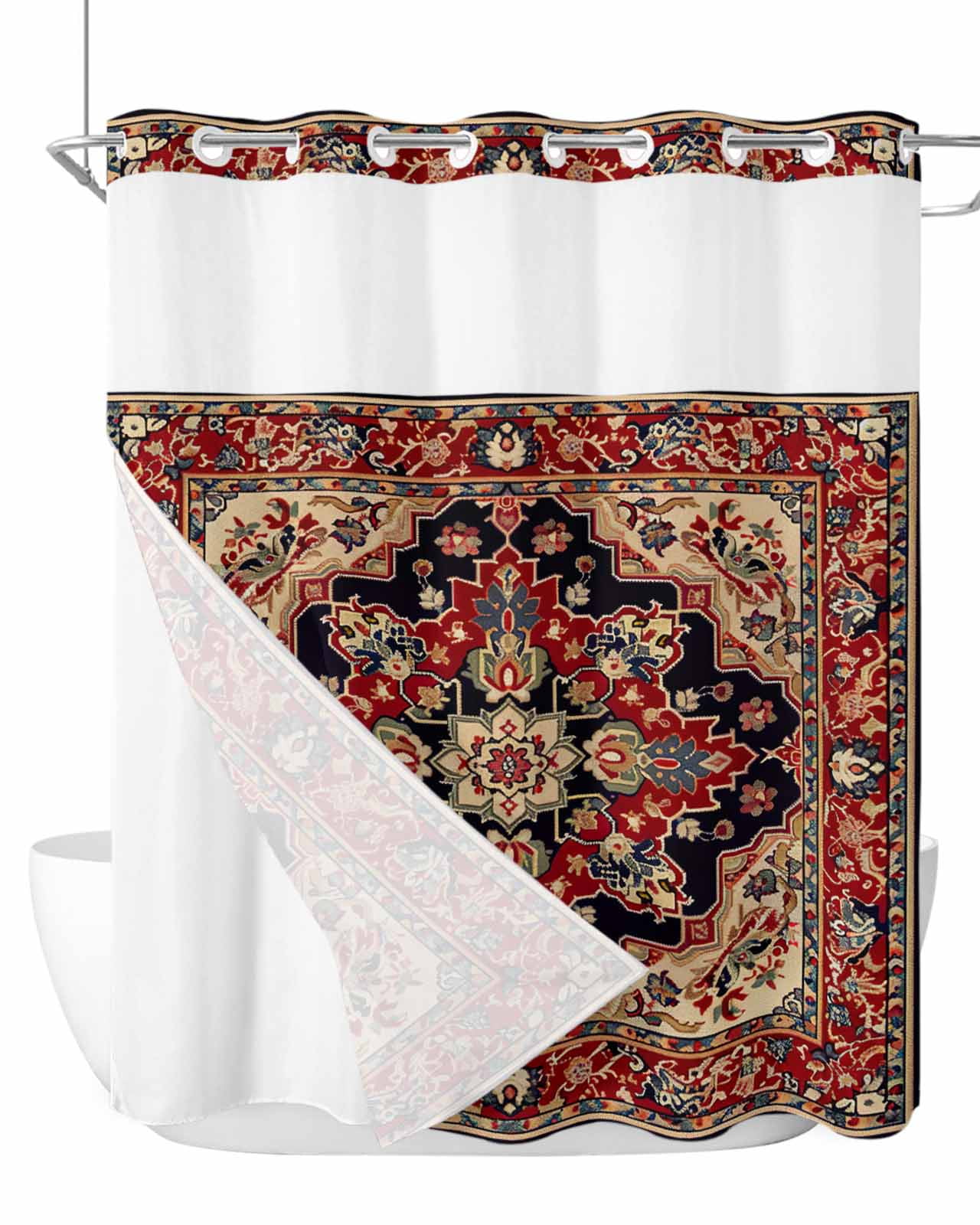 No Hook Shower Curtains with Snap-in Liner Set, Red Boho Waterproof ...