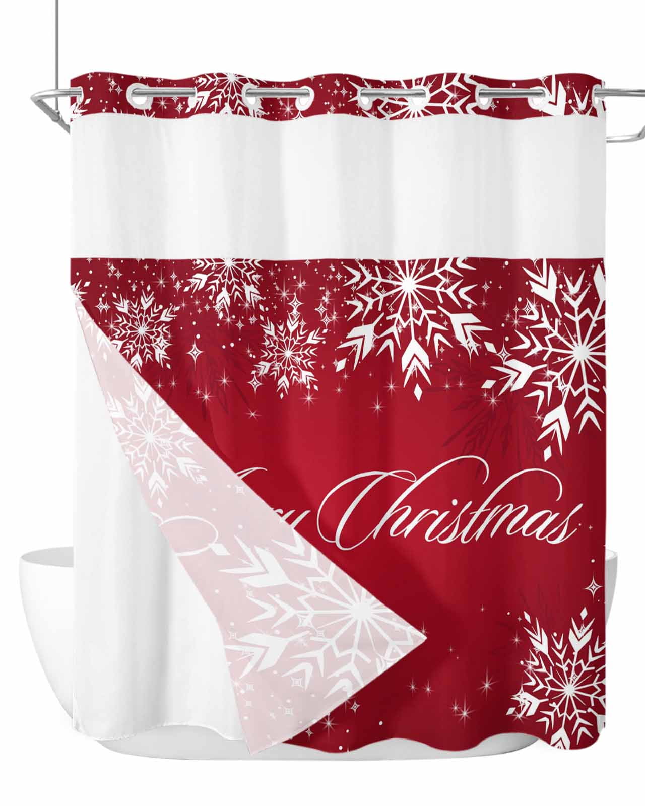 No Hook Shower Curtains with Snap-in Liner Set, Red Christmas ...