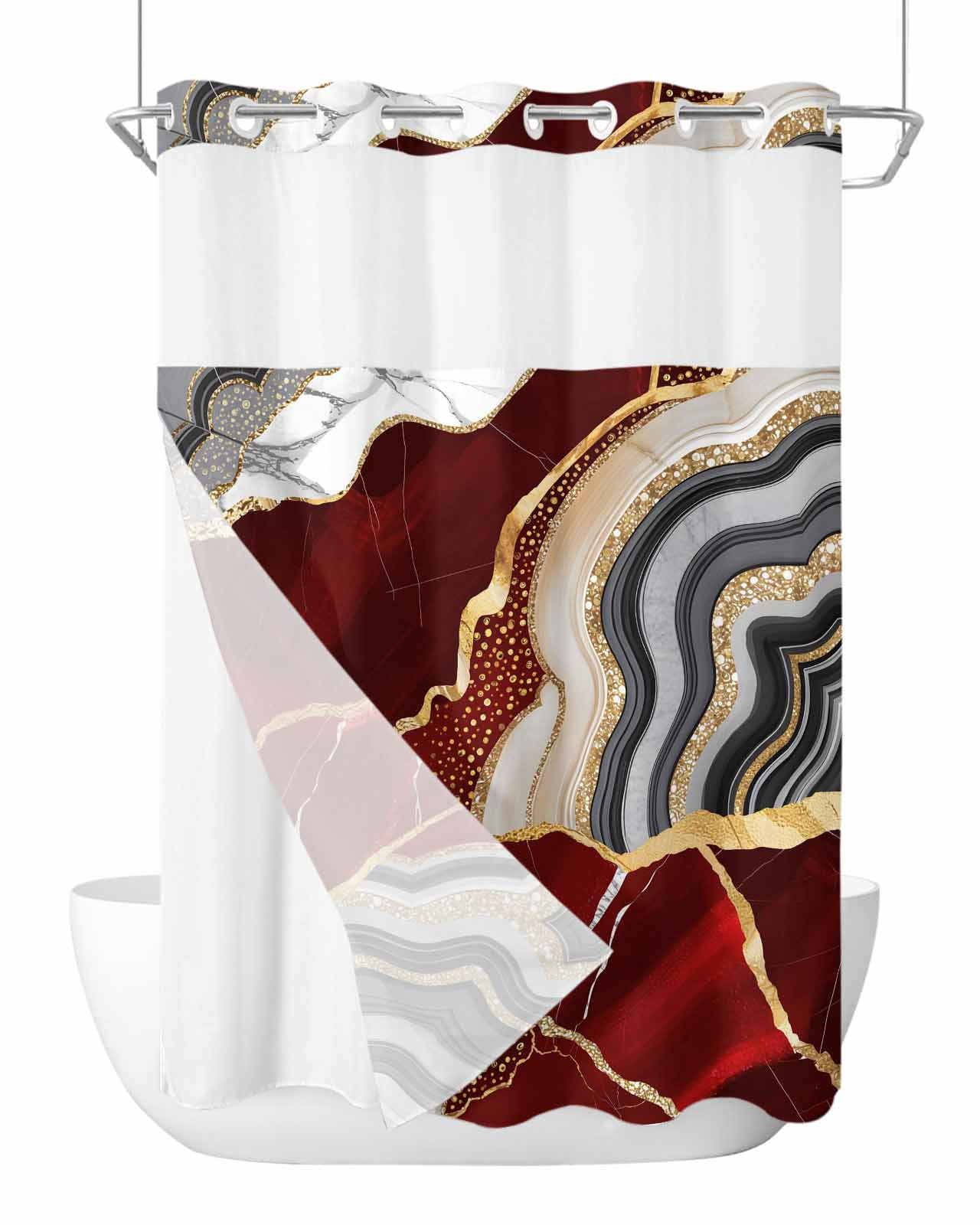 No Hook Shower Curtains with Snap-in Liner Set, Red Marble Waterproof ...