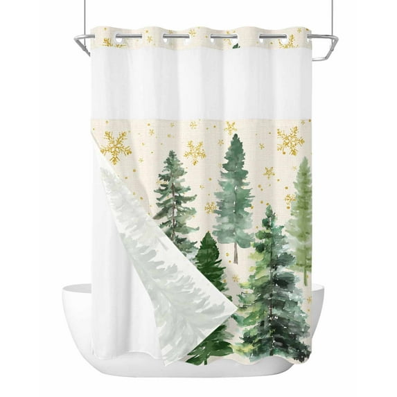 No Hook Shower Curtains with Snap-in Liner Set, Rustic Christmas Tree ...
