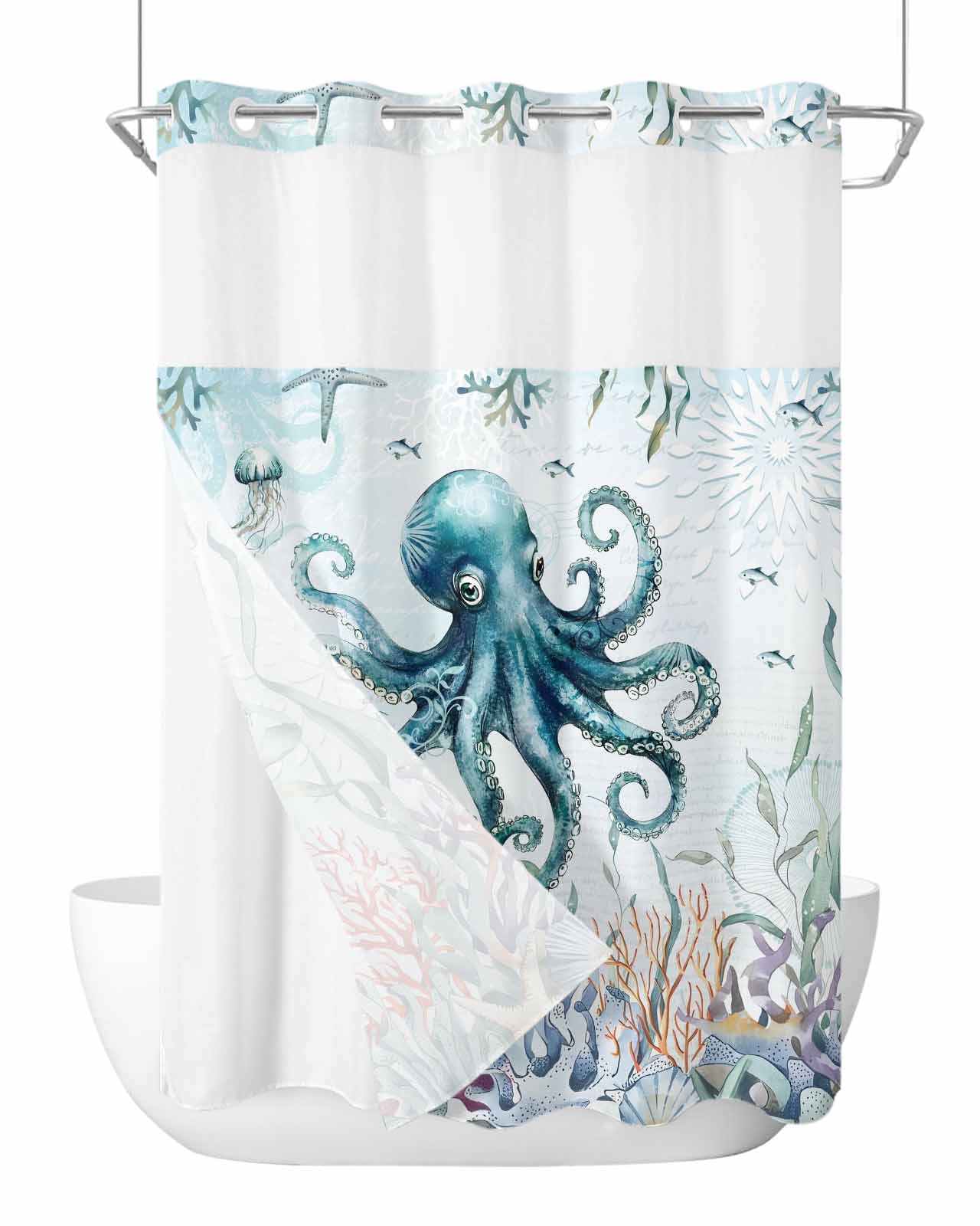 No Hook Shower Curtains, Teal Octopus Ocean Extra Long Bathtub Curtains with Snap in Liner ...