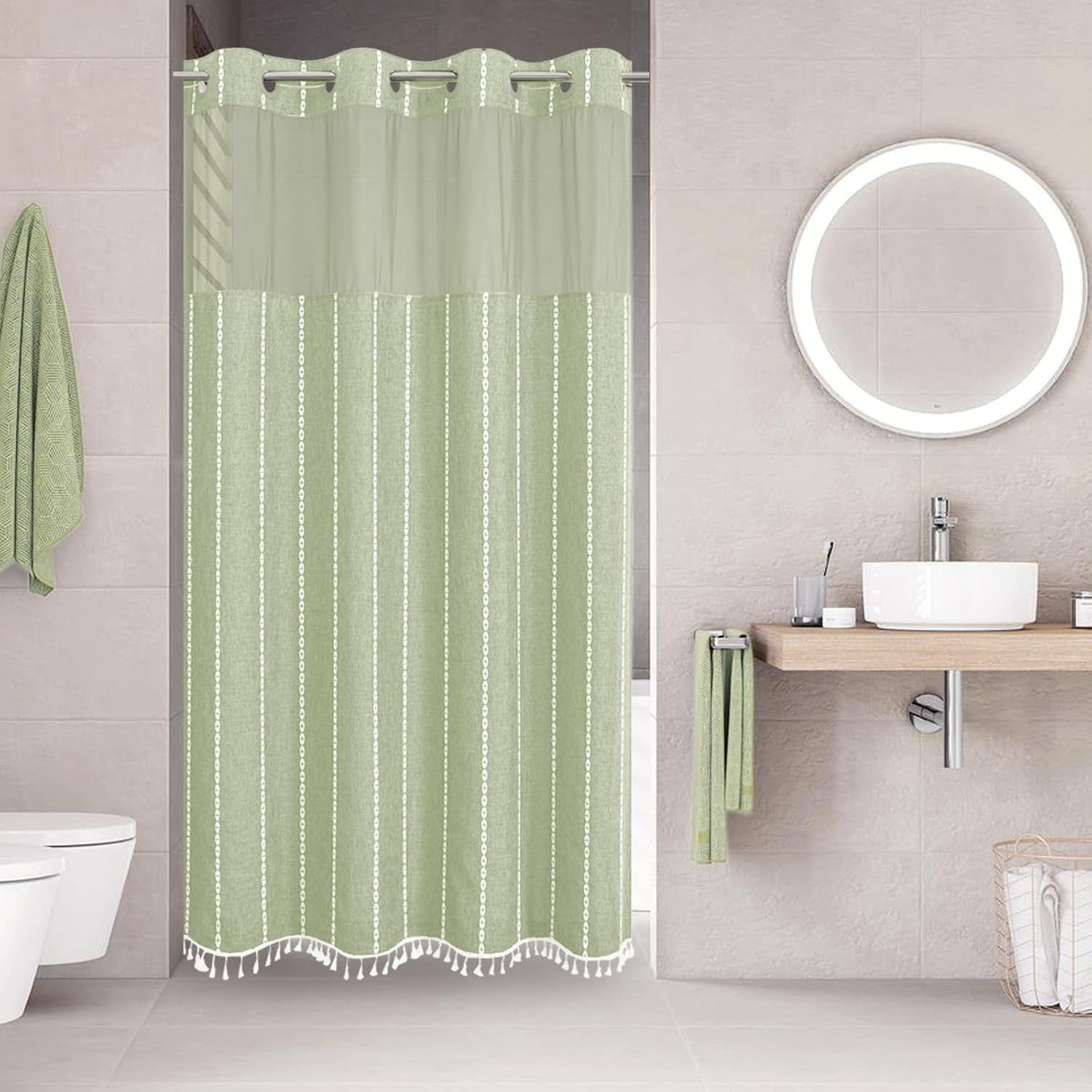 No Hook Stall Shower Curtain with Snap-in Fabric Liner - 54x80 Heavy-Duty Linen Textured Striped ...