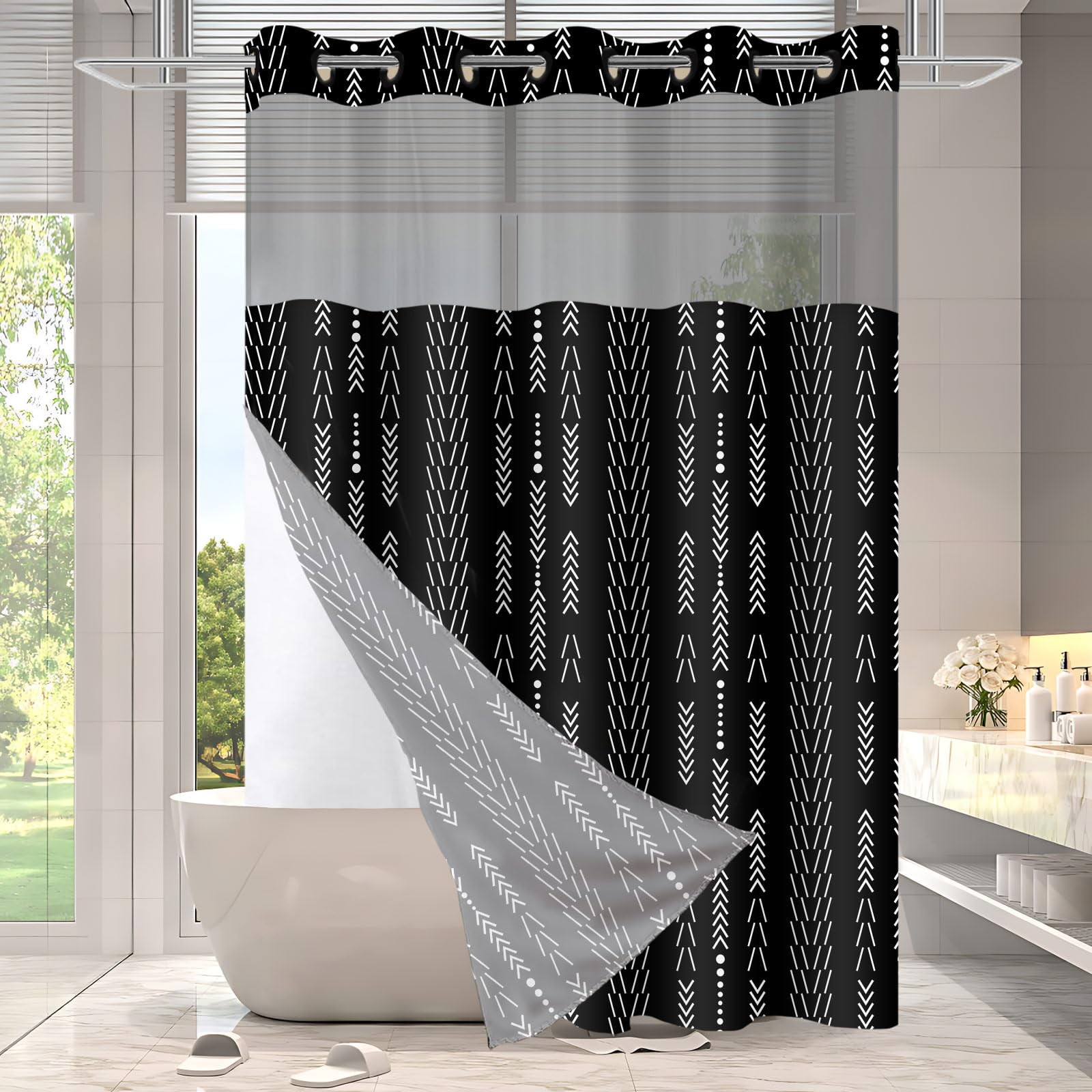 No Hook Striped Shower Curtain with Snap in Fabric Liner Set - Black ...