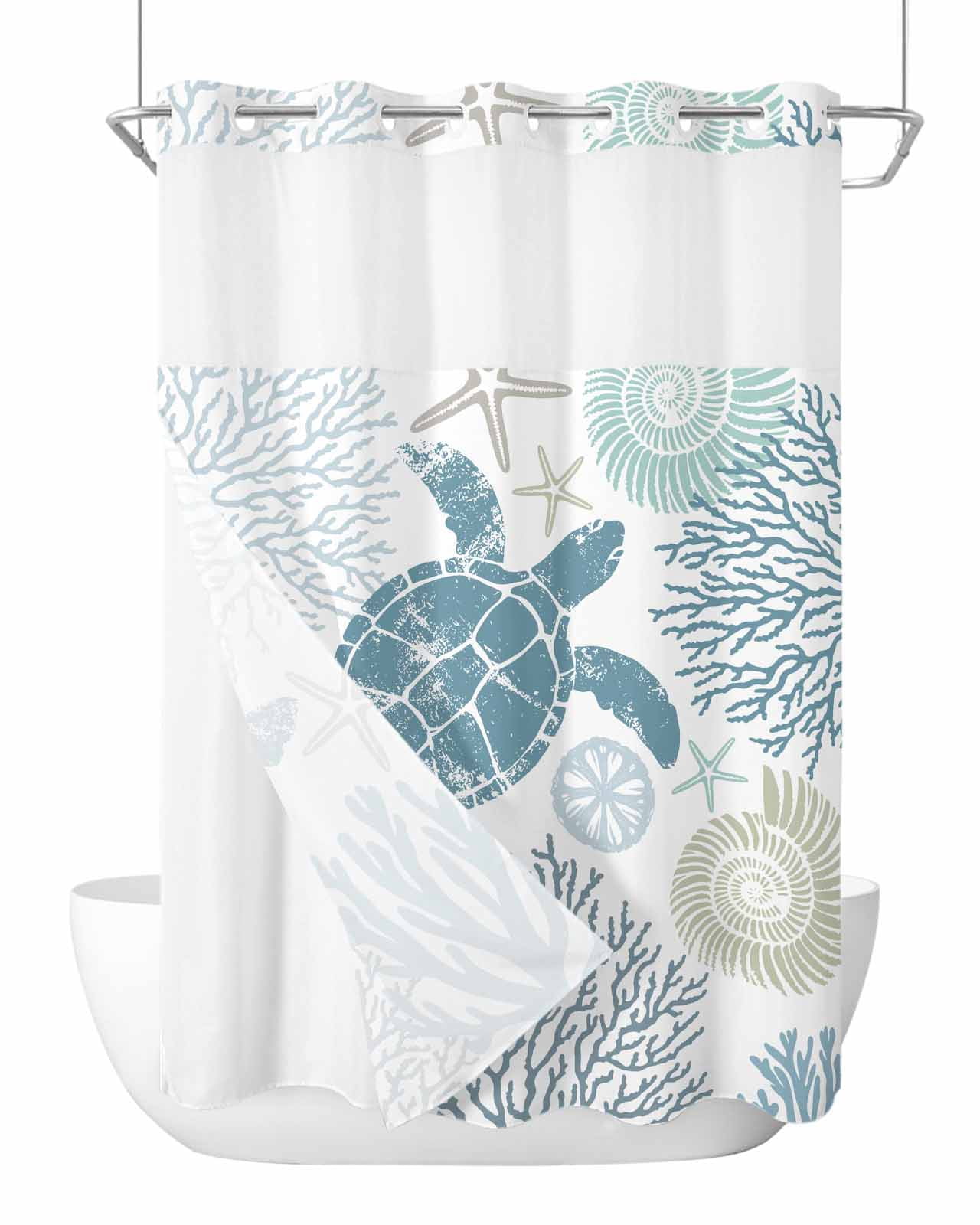 No Hook Teal Blue Coastal Turtle Shower Curtain with Snap in Liner Set ...