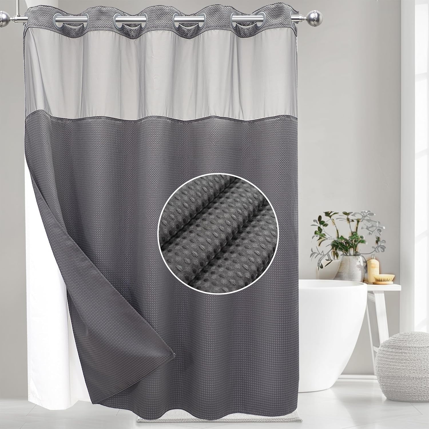 No Hook Waffle Weave Shower Curtain with Snap-in Fabric Liner Set, Hotel Style with See Through ...
