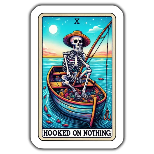 Hooked On Nothing Sticker, Skeleton Fishing Boat, Retro Illustration ...