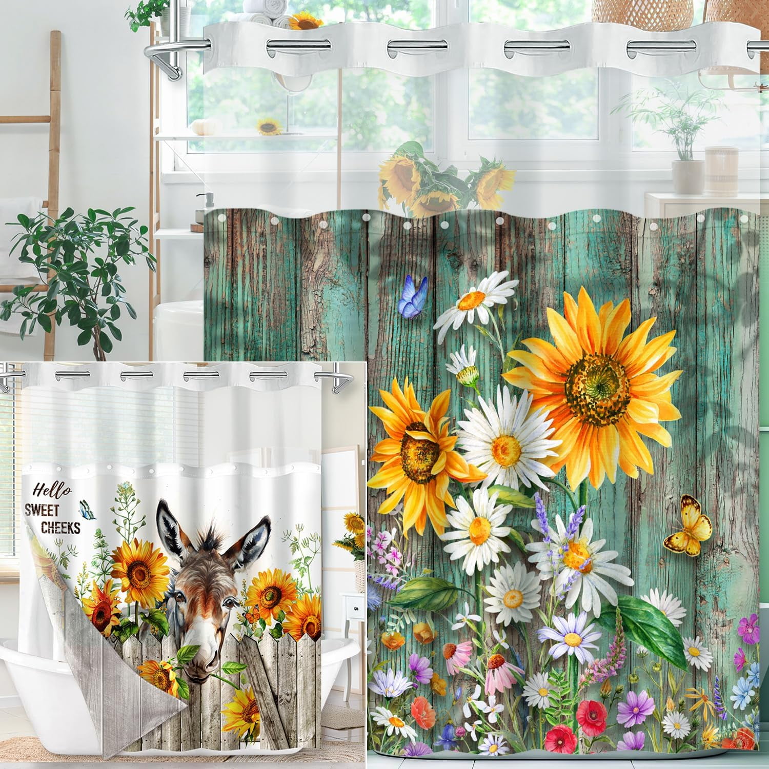 Hookless Bath Drape and Liner Kit | 2 Interchangeable Patterns Bath ...