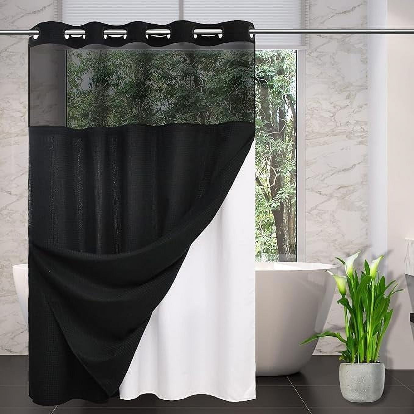 No Hooks Required Long Waffle Weave Shower Curtain with Snap in Liner ...