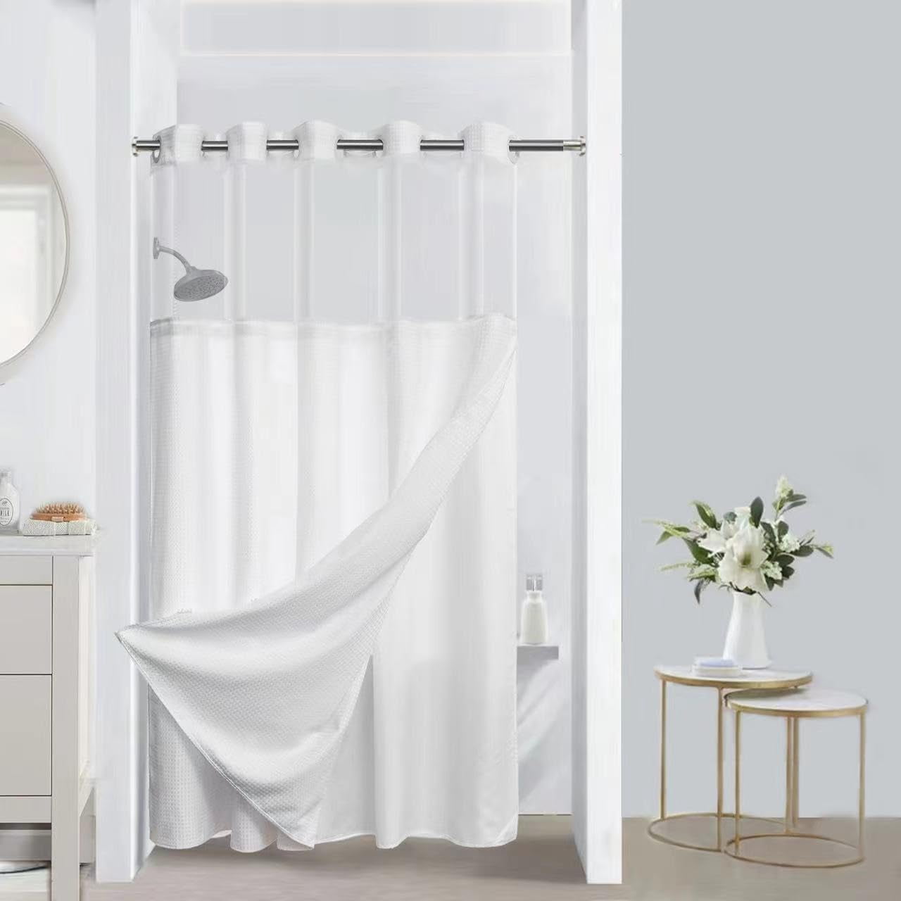 No Hooks Required Waffle Weave Shower Curtain with Snap in Liner-Hotel ...