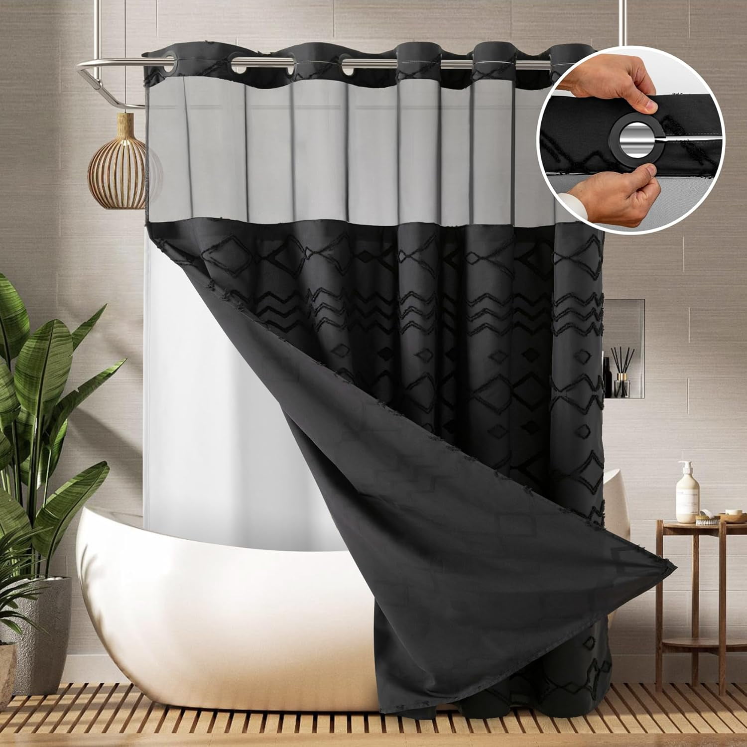 No Hooks Shower Curtain with Snap-in Liner, Black Boho Fabric Tufted ...