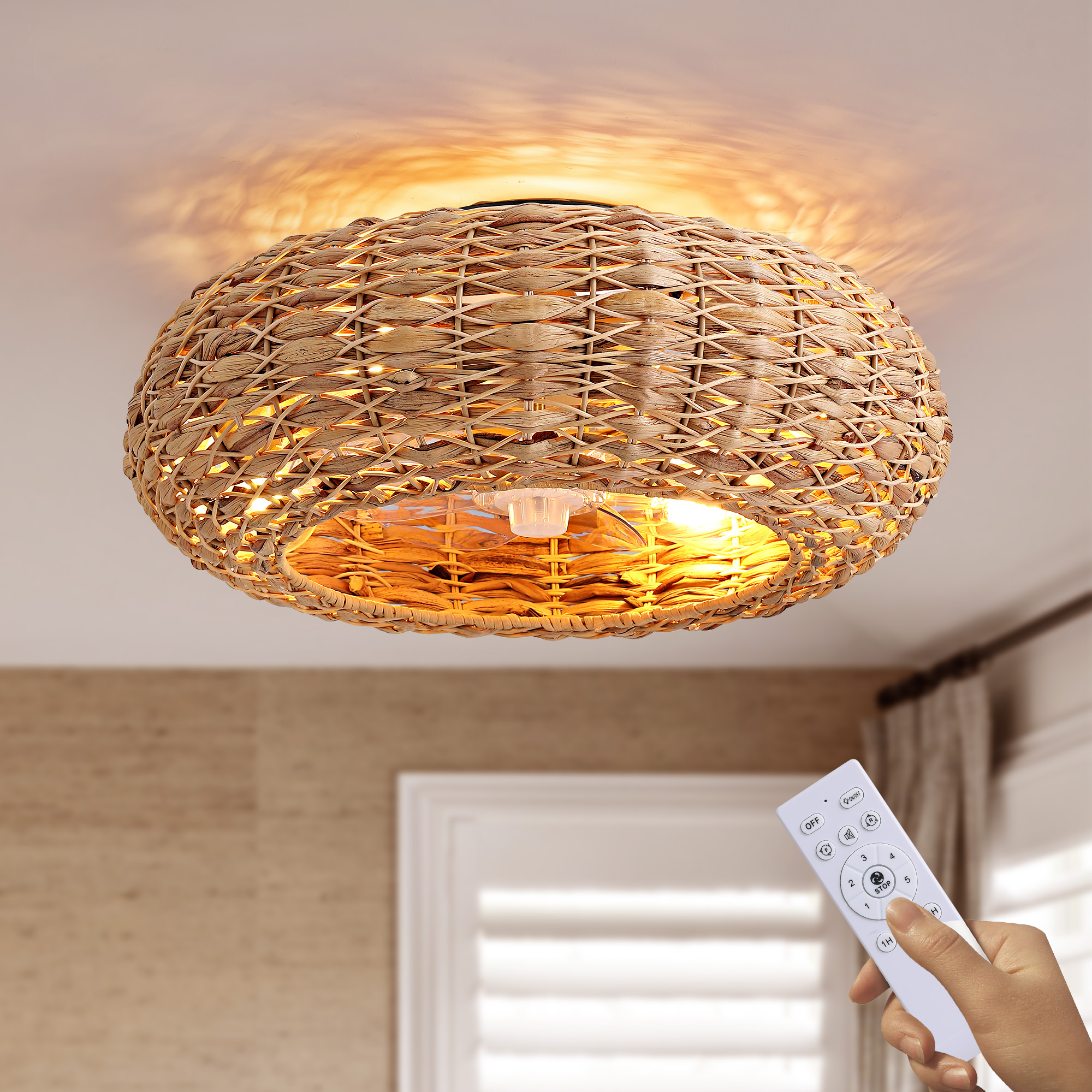 HOOMEDELIER 20" Low Profile Ceiling Fan with Light Remote Control Indoor Boho Rattan 7 Blades ...