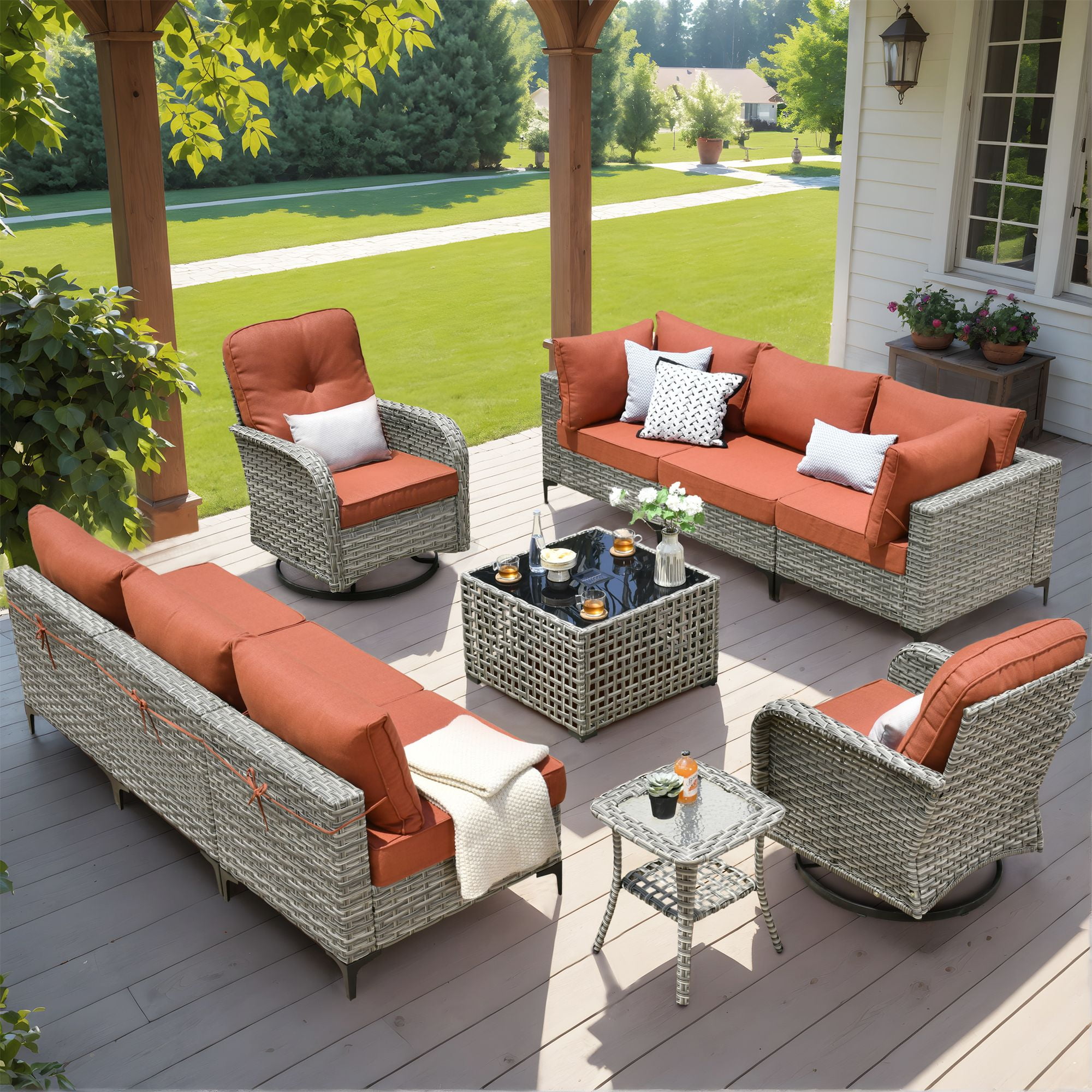 Hooowooo 10 Pieces Wicker Patio Furniture with Swivel Rocking Chair ...