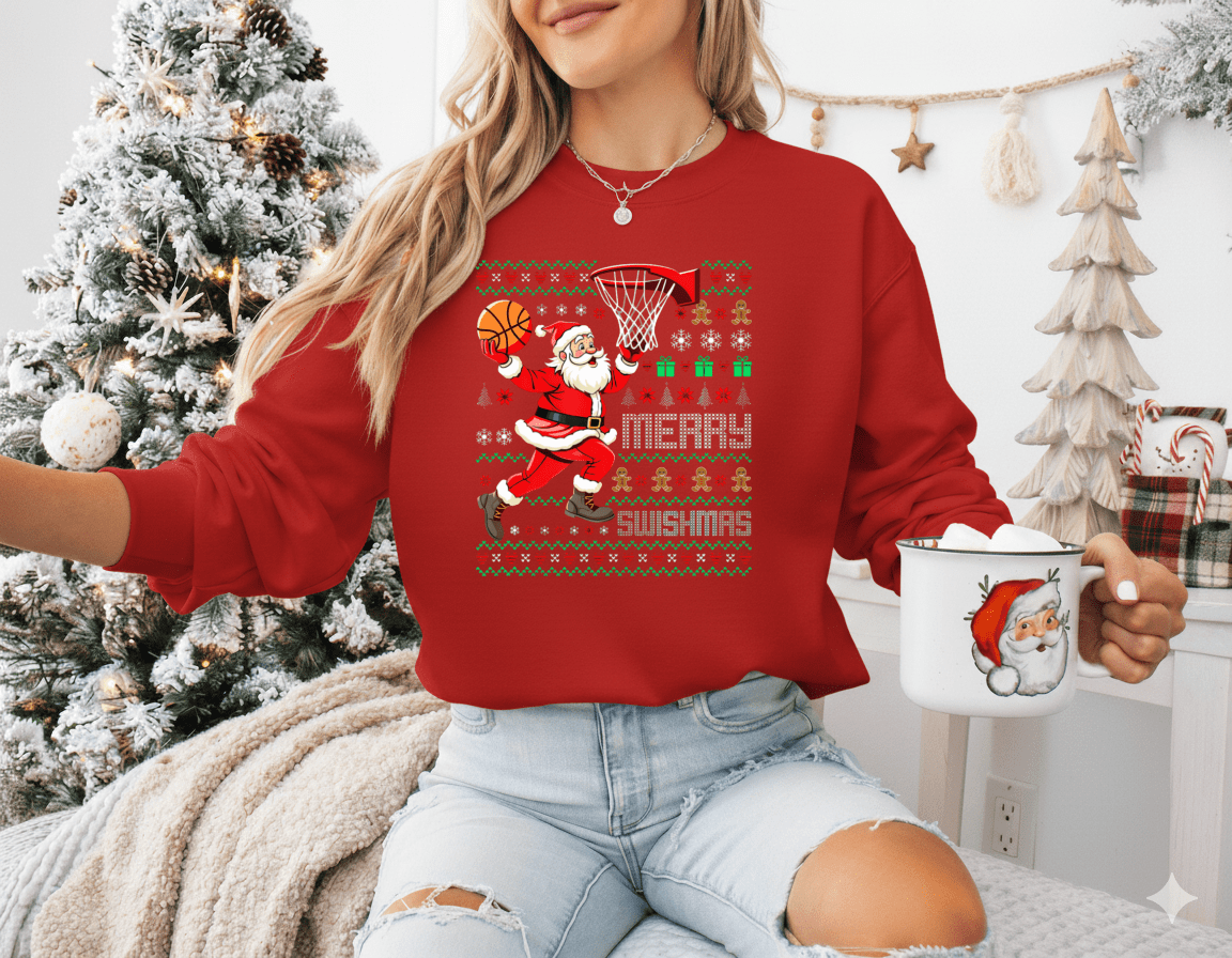 Hoop Fun Merry Swishmas Basketball Holiday Ugly Sweater Style ...