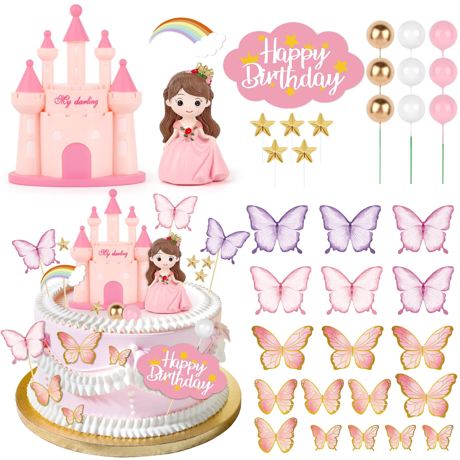 Hooqict 33PCS Princess Cake Decorations Set AFN1with Butterflies, Balls ...