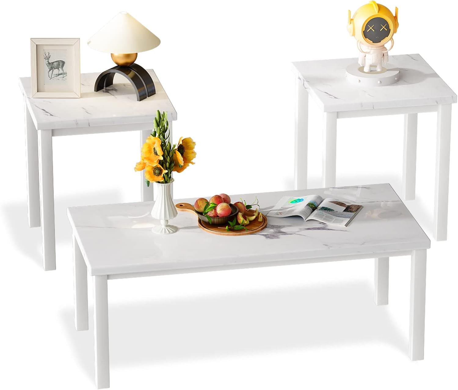 Hooseng 3 Piece Coffee Table Set, Faux Marble Tabletop Style with Black ...