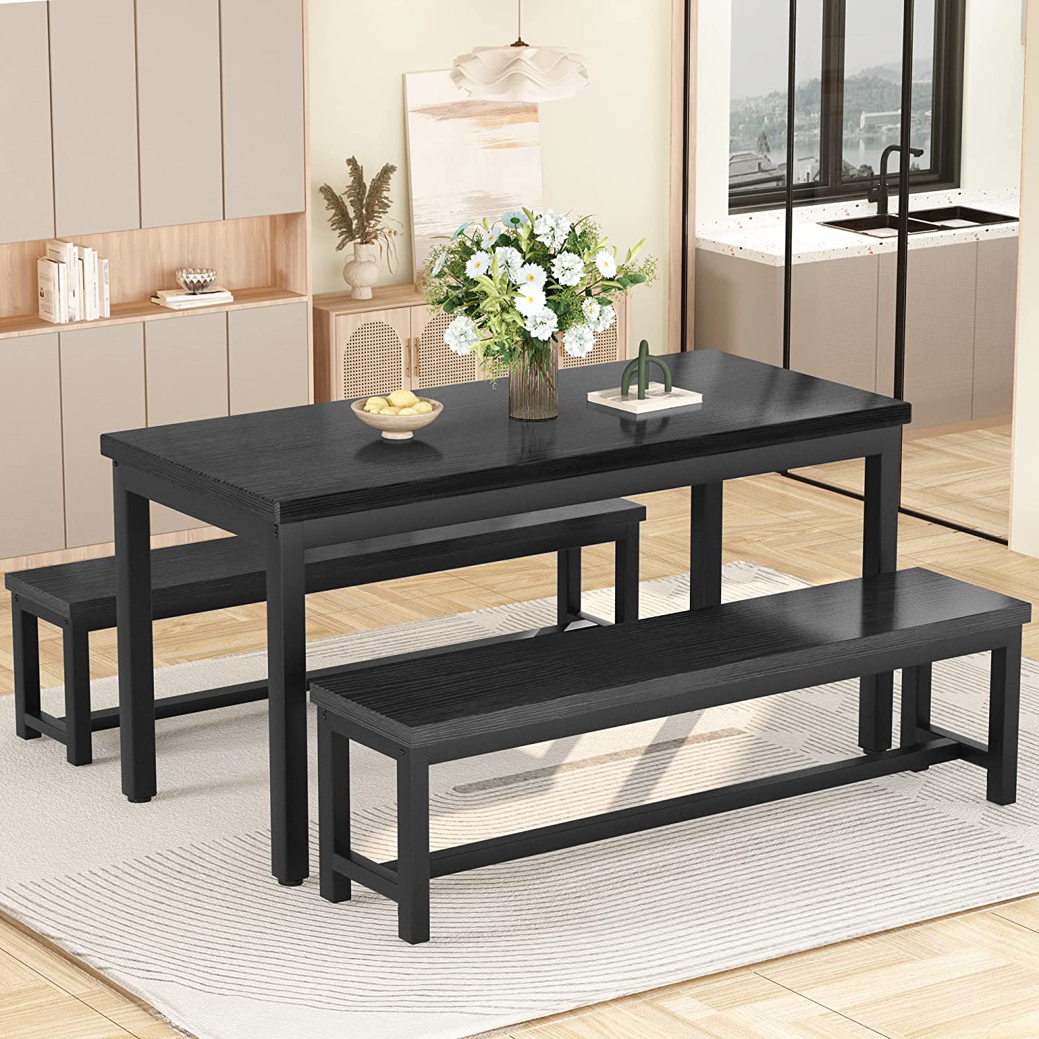 Hooseng Dining Table Set for 4, Dining Table Set with Two Benches ...