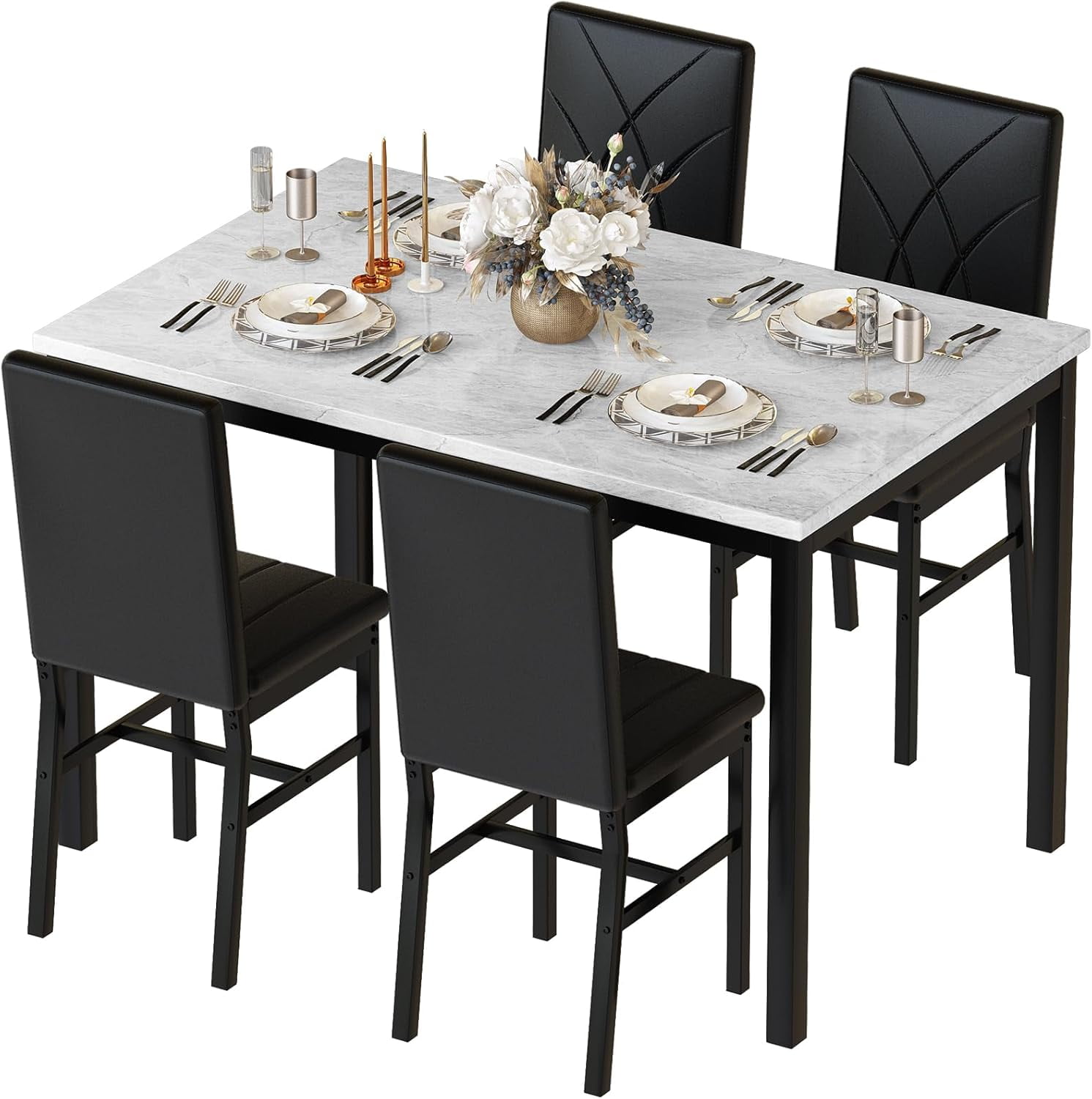 Hooseng Dining Table Set for 4 Faux Marble Kitchen Table and Chairs Set ...