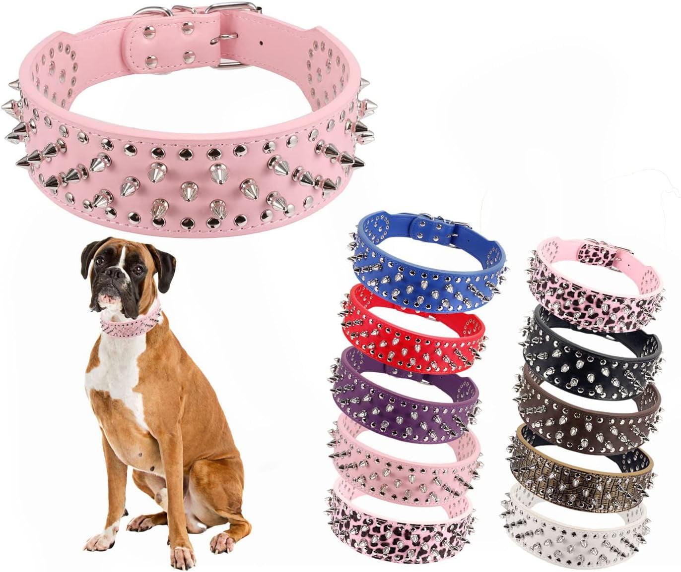 Hoot PU Leather Adjustable Spiked Studded Dog Collar 2" Wide 25 Spikes ...