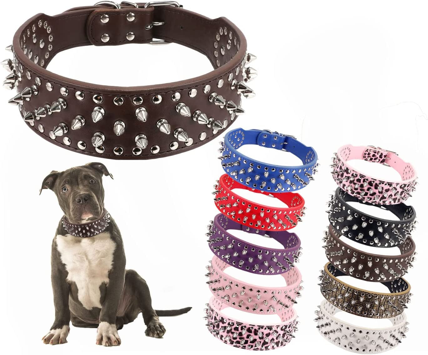 Hoot PU Leather Adjustable Spiked Studded Dog Collar 2" Wide 31 Spikes ...