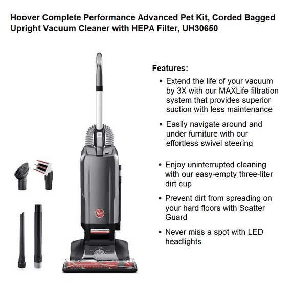 Hoover Bagged Upright Vacuum, Advanced Complete Performance, Pet ...