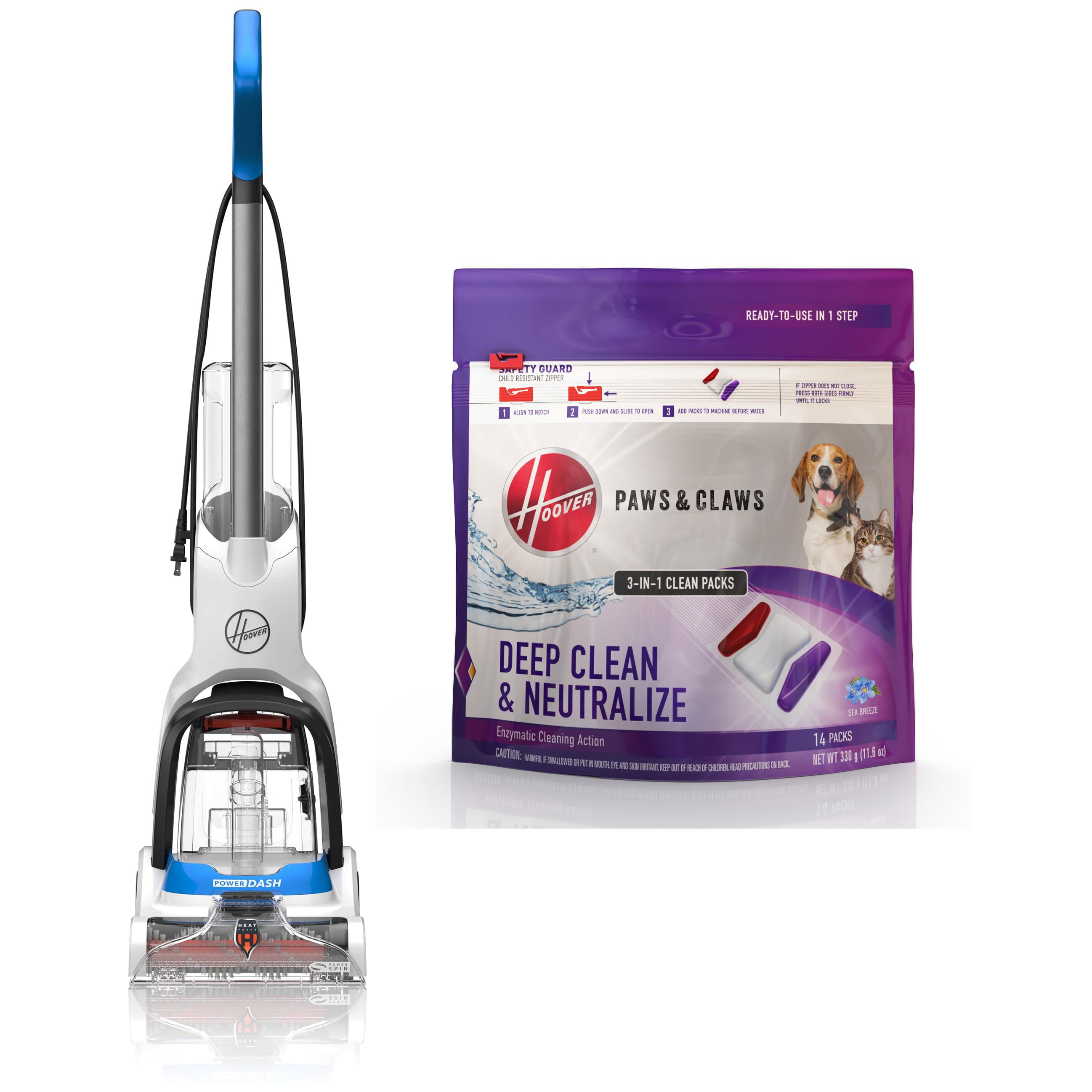 Hoover PowerDash Pet Compact Carpet Cleaner FH50710CN and Hoover Paws and Claws Carpet Cleaner Solution Clean Pack Pods 14 Count Pack 11.6 oz AH37001 New Walmart