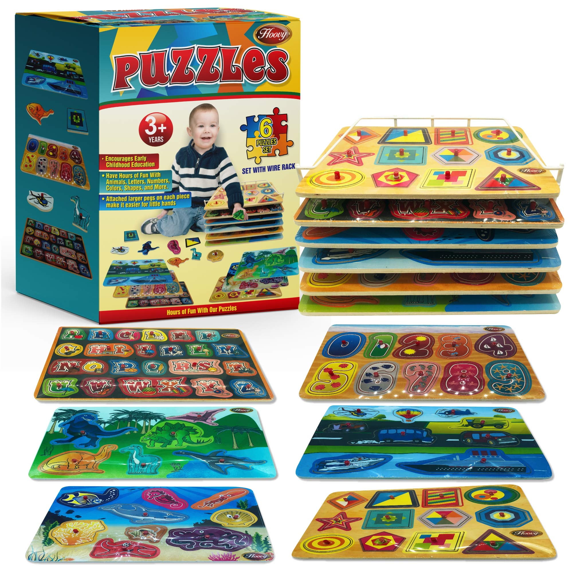 Hoovy Baby Peg Puzzle 6-in-1 Set - 6 Different Themed Educational Knob ...