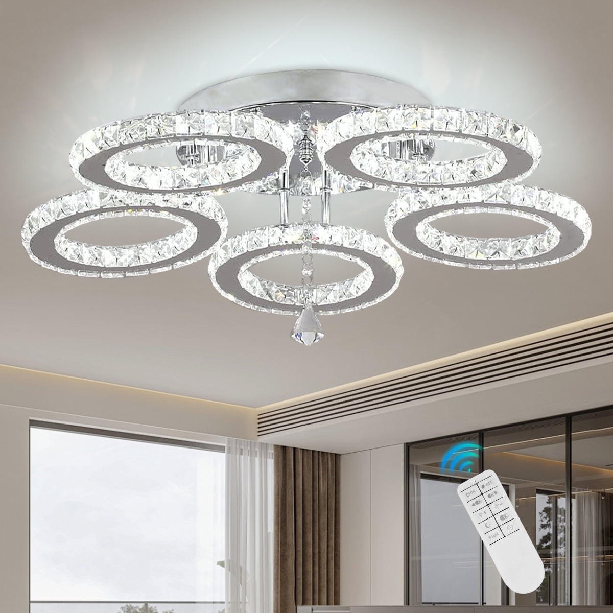 Hooyi 5 Rings Modern Ceiling Light with Remote,Dimmable LED Crystal ...