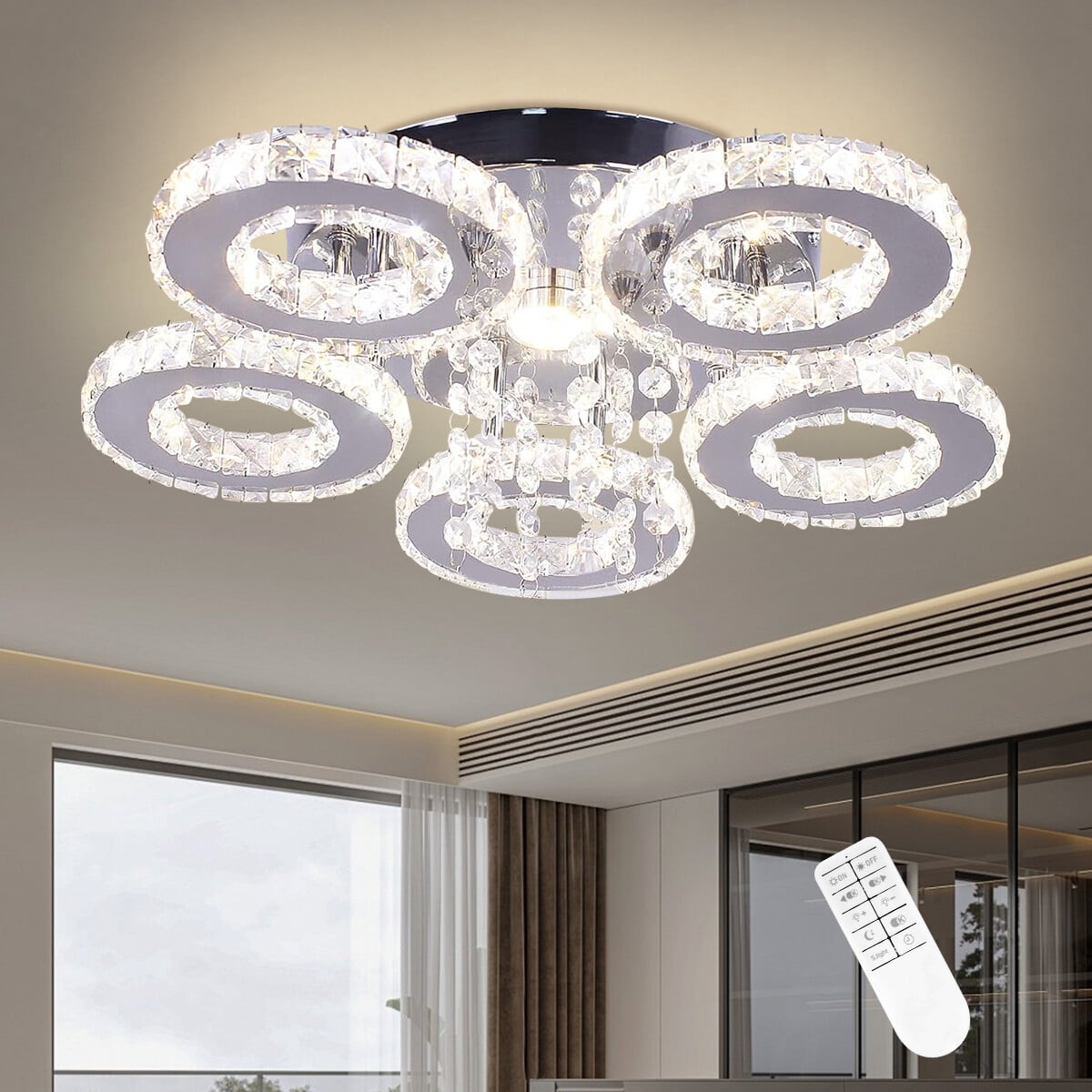 Hooyi 5 Rings Modern Ceiling Light with Remote,Middle Light Dimmable ...