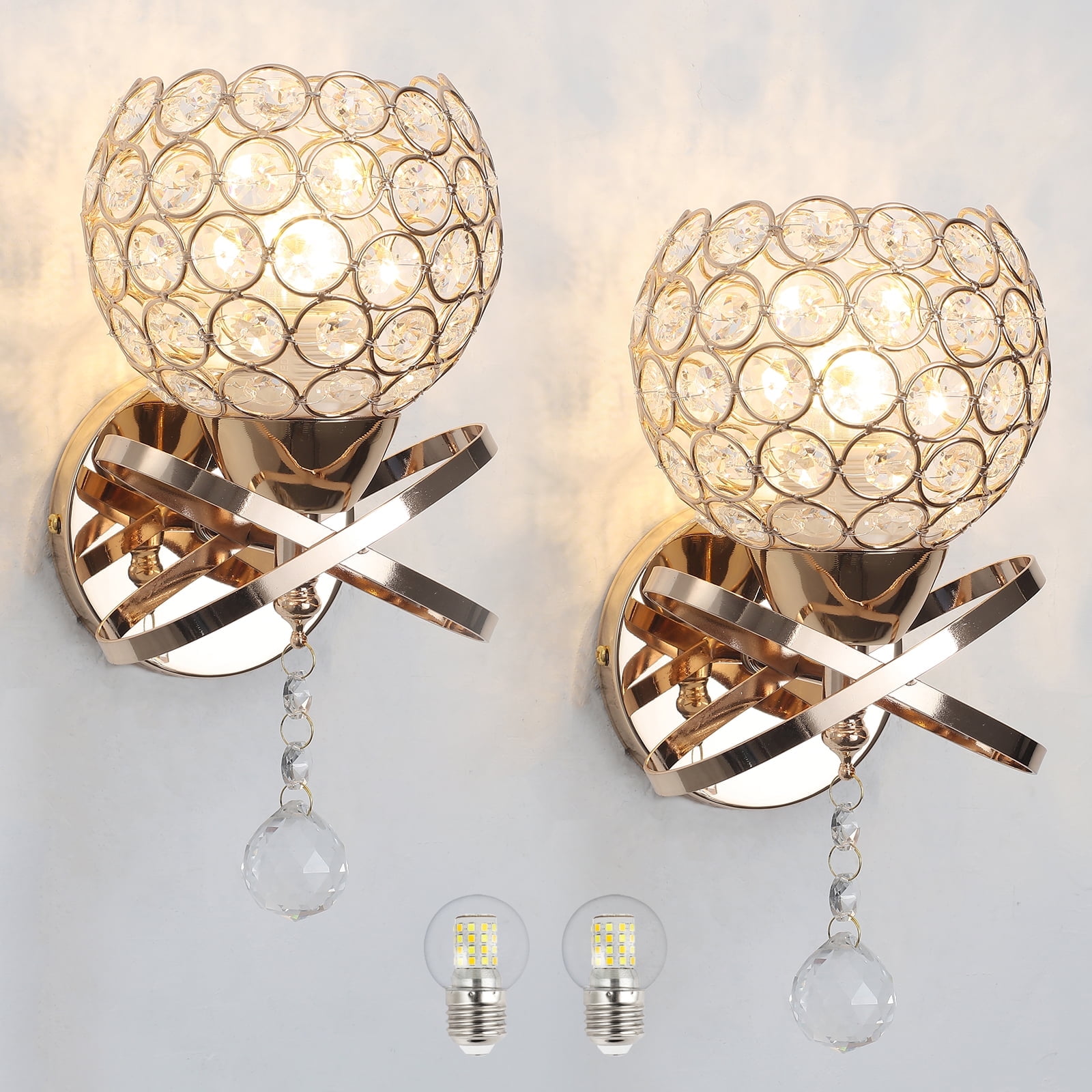 Hooyi Gold Crystal Sconces Wall Decor Set of 2 for Bedroom, Vintage ...