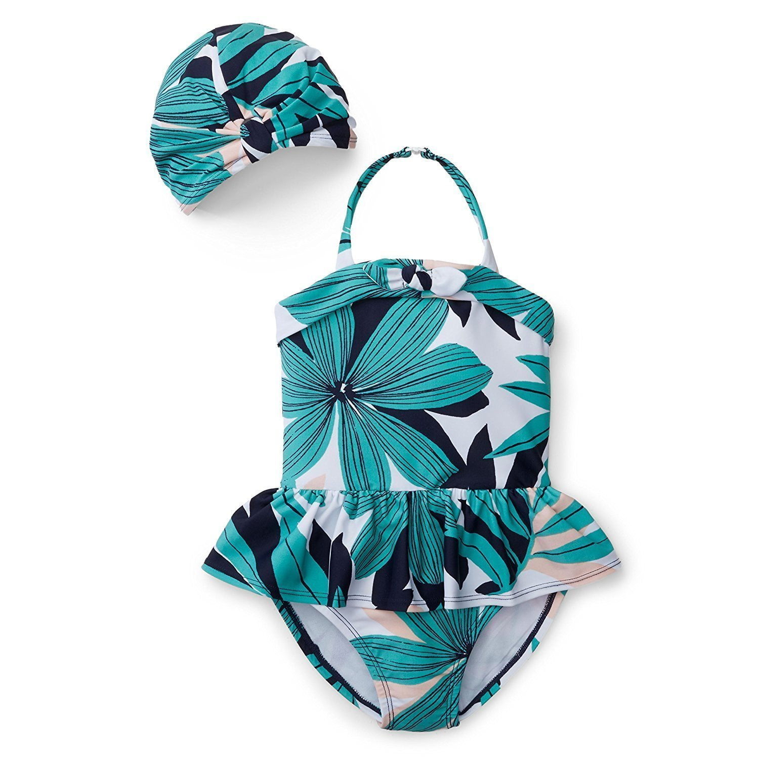 Hope & Henry Girls' Palm Print Swimsuit Set With Swim Cap - Walmart.com