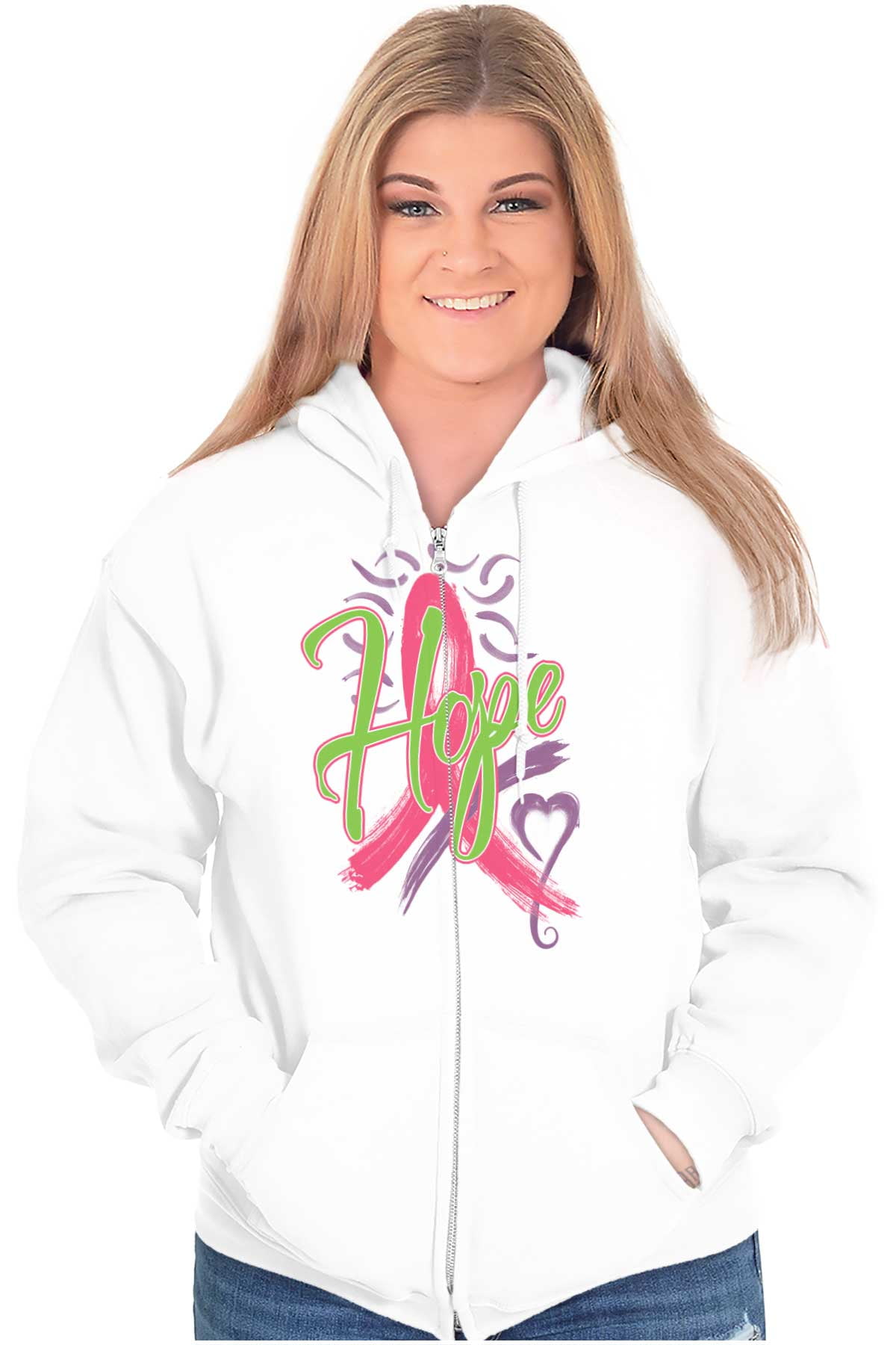 Hope Pink Ribbon Heart Breast Cancer Women Plus Size Zipper Hoodie ...