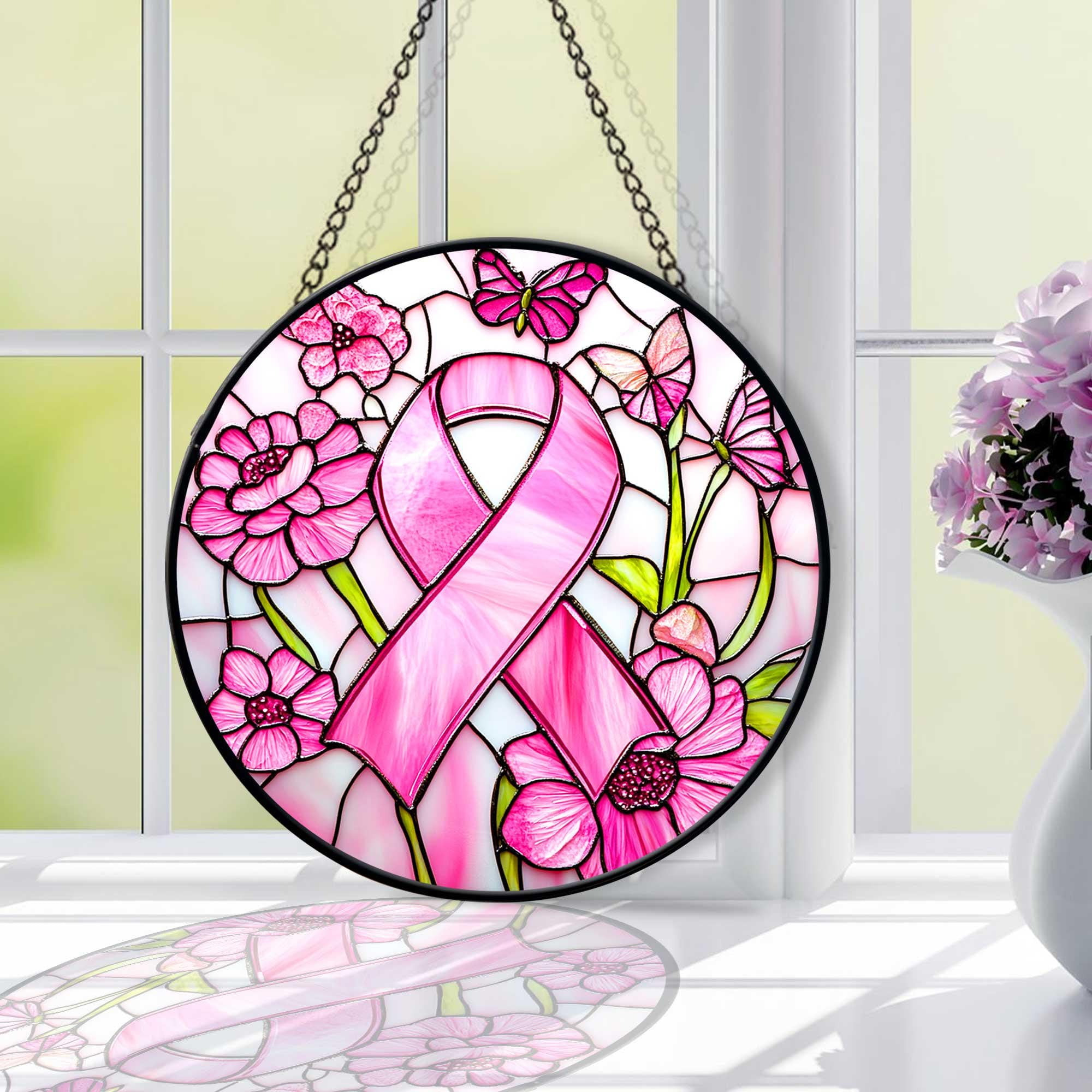 Hope in Bloom: A Breast Cancer Awareness Faux Stained GlassSuncatcher ...